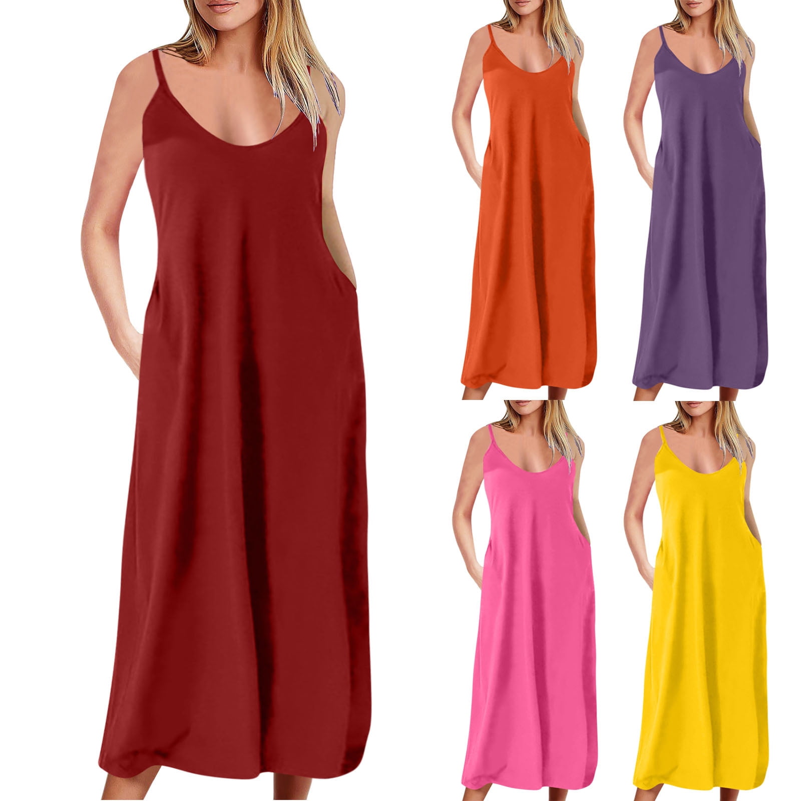 CFLVAEK Plus Size Cami Dresses for Women with Pockets Casual Spaghetti Strap Maxi Dress Loose ...