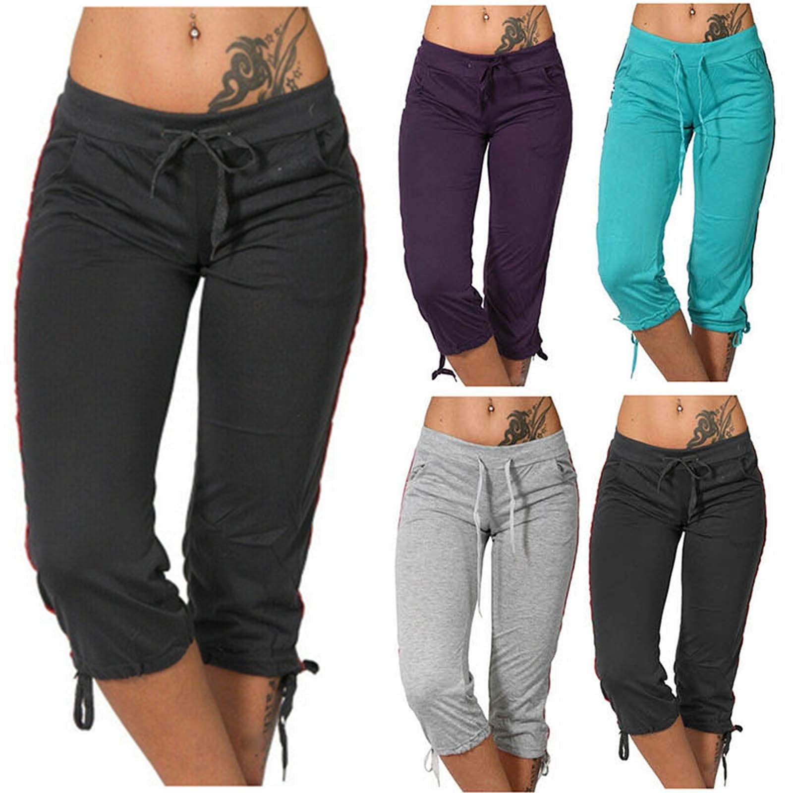 CFLVAEK Plus Size Capri Pants for Women with Pockets Casual Mid Waisted ...