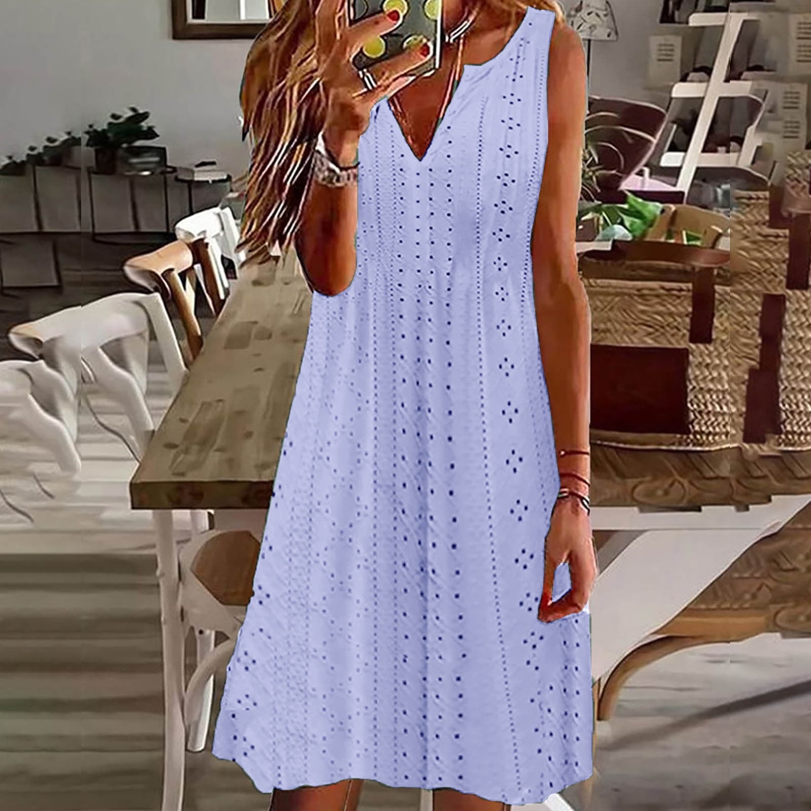 CFLVAEK Plus Size Dresses for Curvy Women Casual Eyelet Notch V Neck Summer Dresses Casual Loose ...