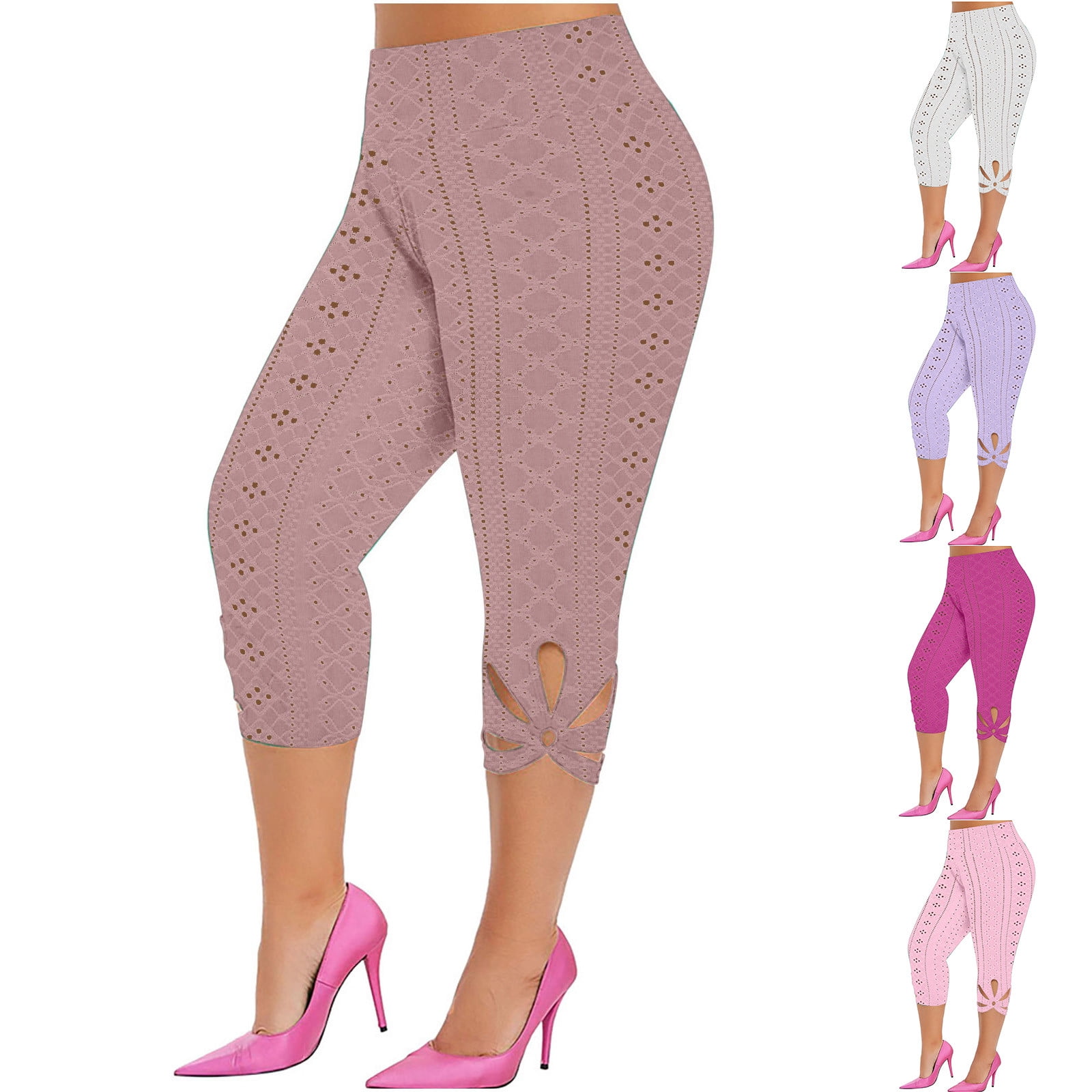CFLVAEK Plus Size Eyelet Capri Leggings for Women Flower Hollow Out High Waisted Capris Slimming ...