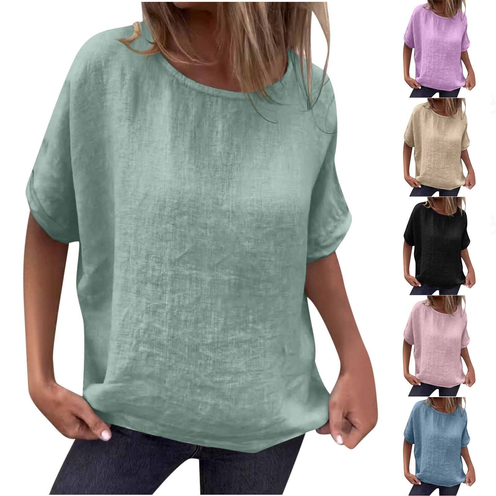 CFLVAEK Plus Size Tshirts for Women Casual Short Sleeve Cotton Linen Tshirt Comfy Round Neck ...