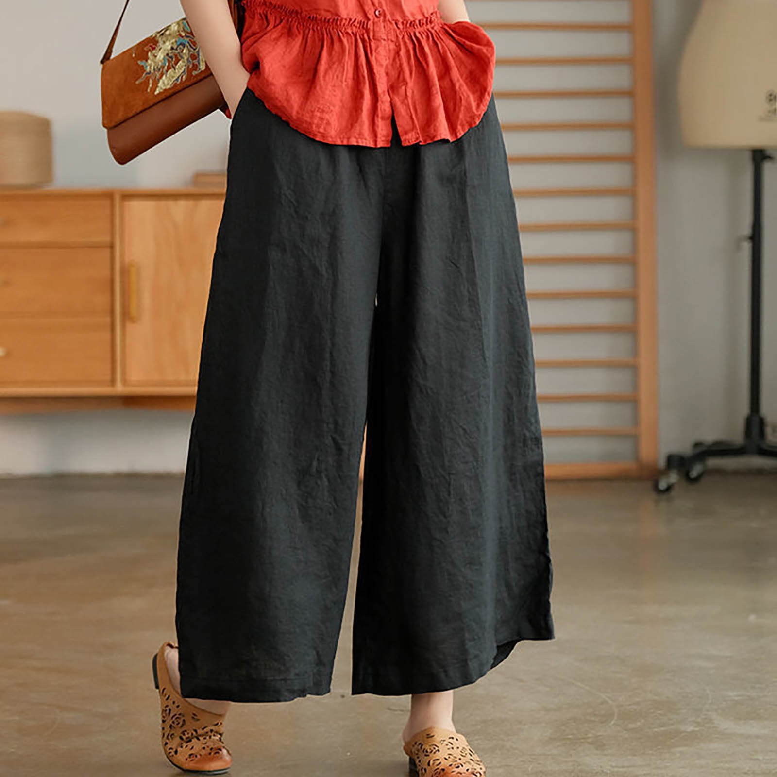 CFLVAEK Plus Size Womens Cotton Linen Culottes with Pockets Elastic ...