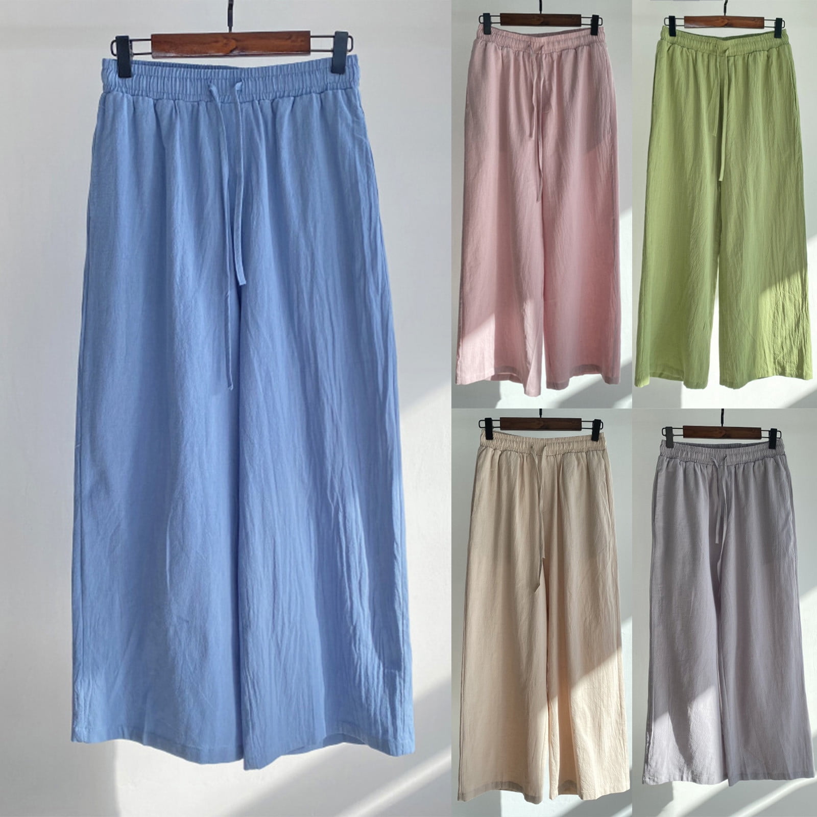 CFLVAEK Plus Size Womens Cotton Linen Pants Casual Summer Straight Wide Leg Pant Solid Color ...