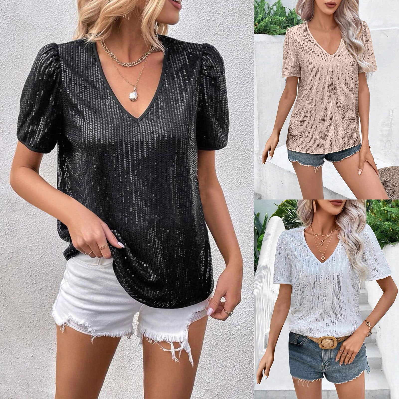 Cflvaek Sequin Glitter Tshirts For Women Loose Fit Short Sleeve Sparkly Tshirt Comfy V Neck