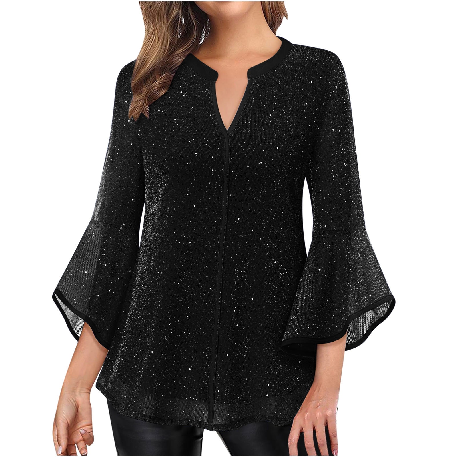 CFLVAEK Sparkly Glitter Shirts for Women Elegant Ruffled Hem Evening ...