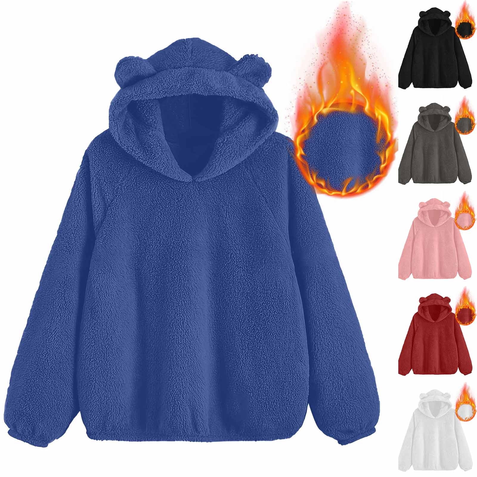 CFLVAEK Stitch Hoodies with Ears On Hood for Women Winter Warm Fuzzy Fleece Hooded Pullover ...