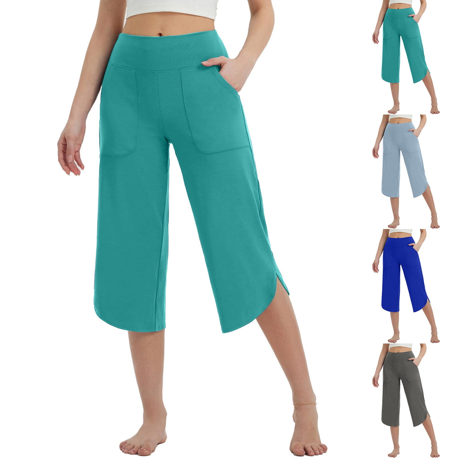 CFLVAEK Stretch Capris for Women with Pockets Loose Fit Split Wide Leg ...