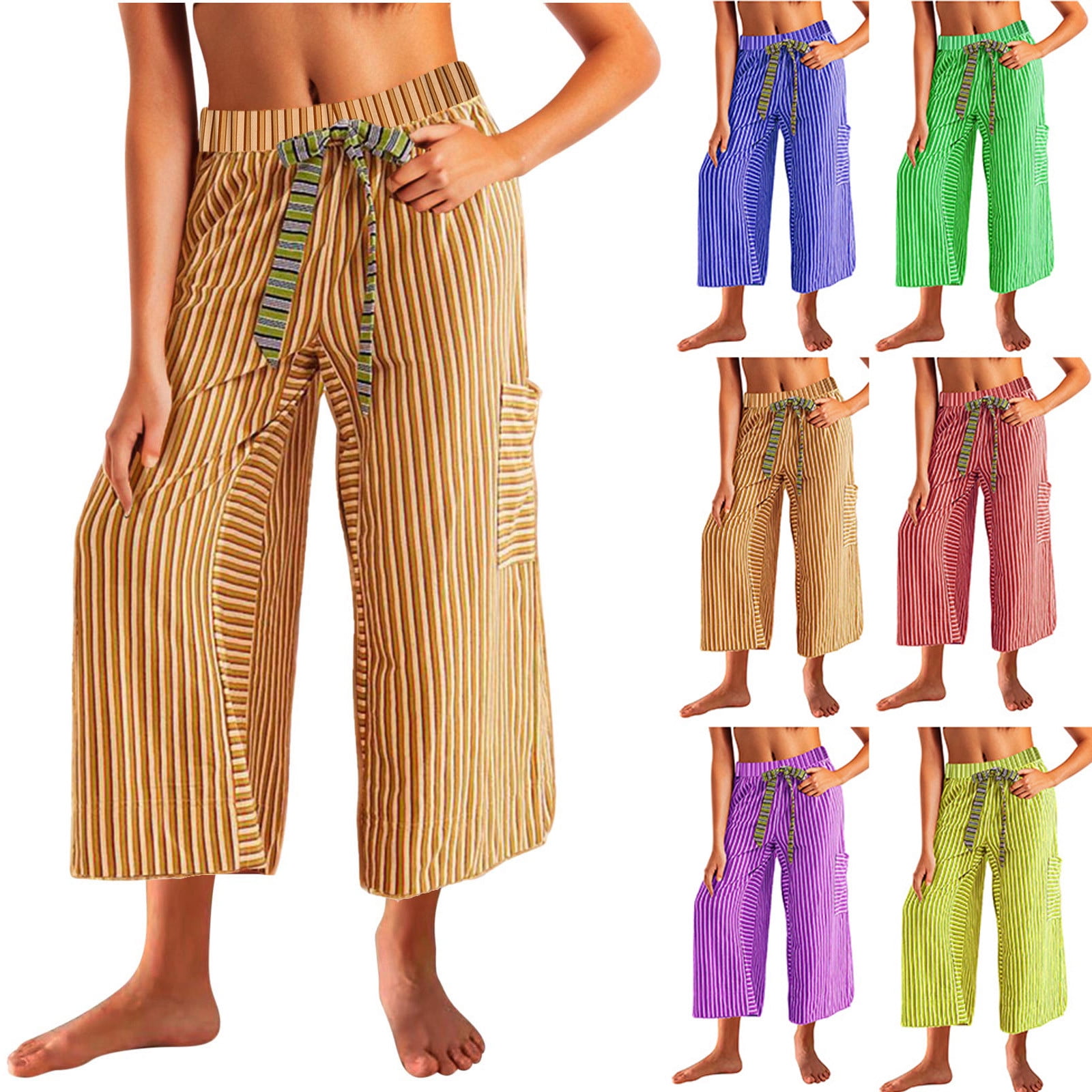 CFLVAEK Striped Capris Women Wide Leg Lounge Capri Pants with Pockets ...