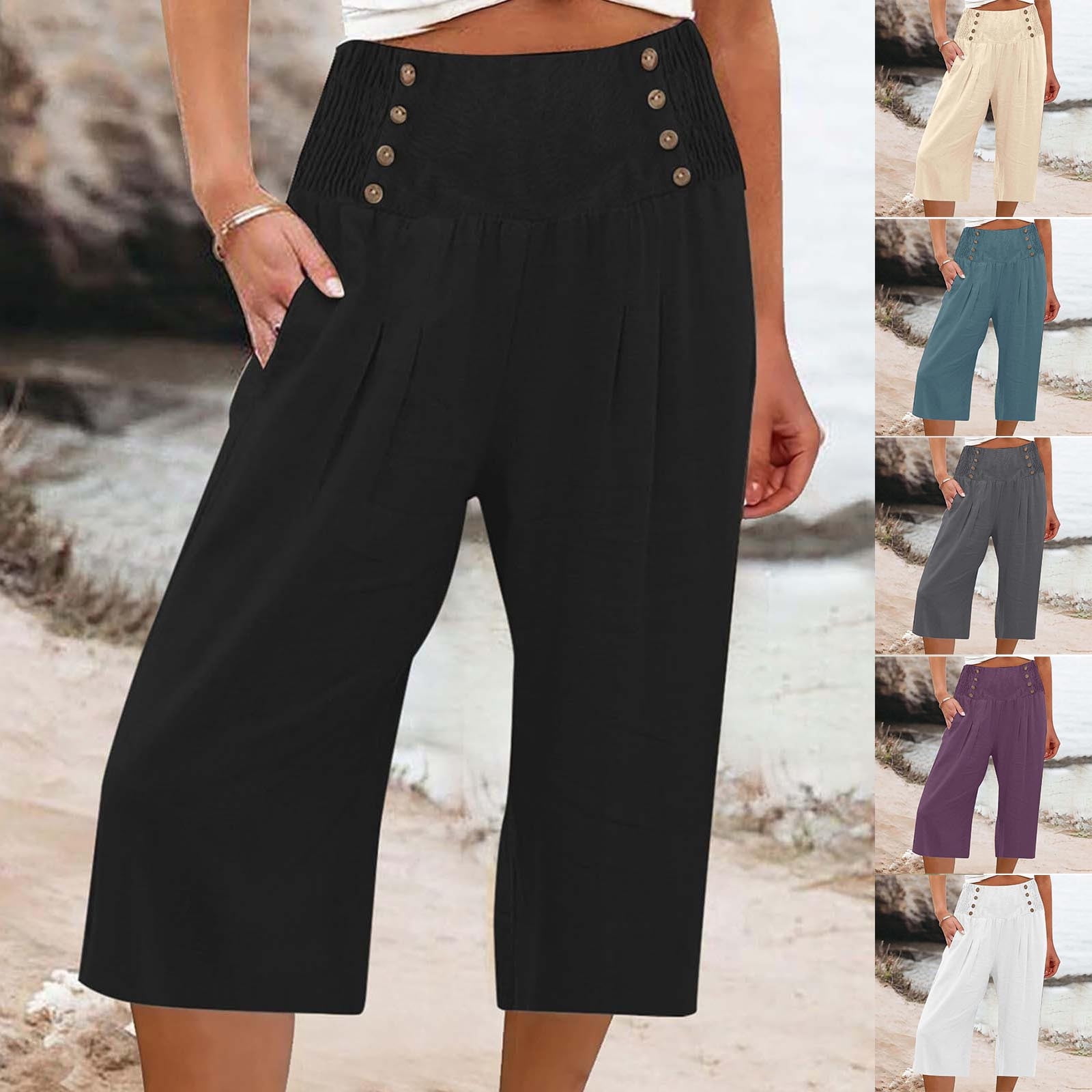 CFLVAEK Summer Capris for Women 2025 Cotton Linen Elastic Waist Capri ...