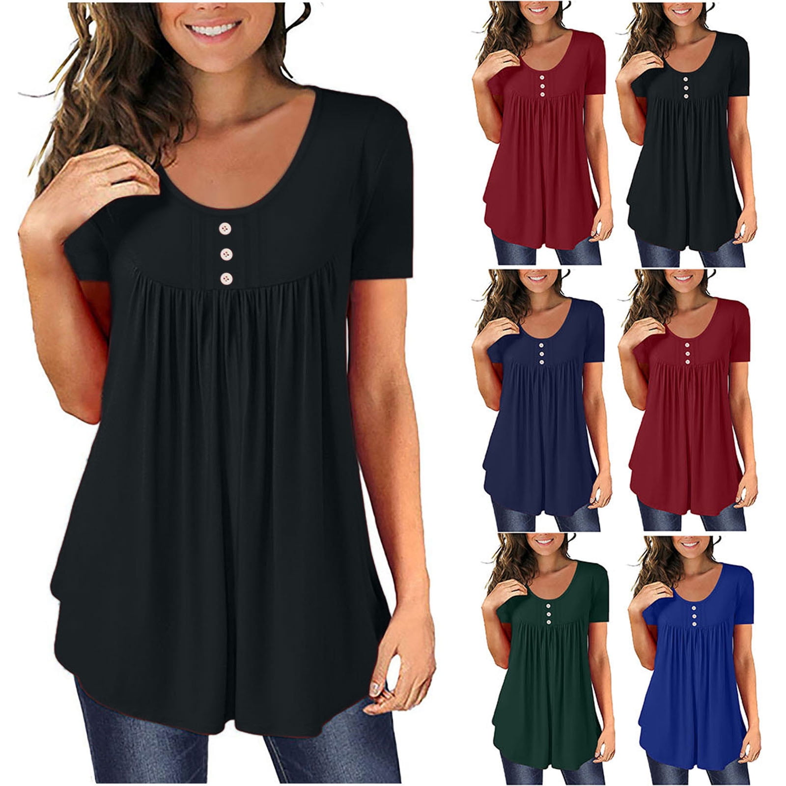 CFLVAEK Summer Long Tshirts for Women Casual Scooped Neck Pleated Tshirt Comfy Short Sleeve ...