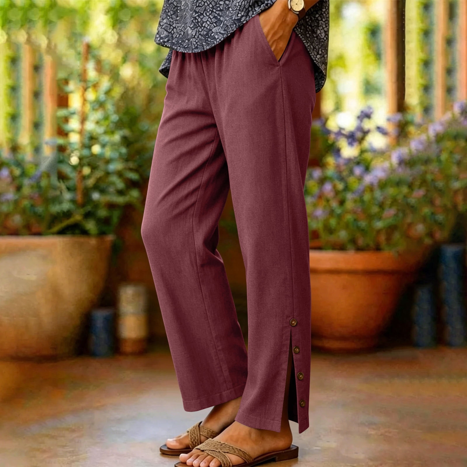 CFLVAEK Summer Pants for Women Casual Wide Leg Side Split Pant Solid ...