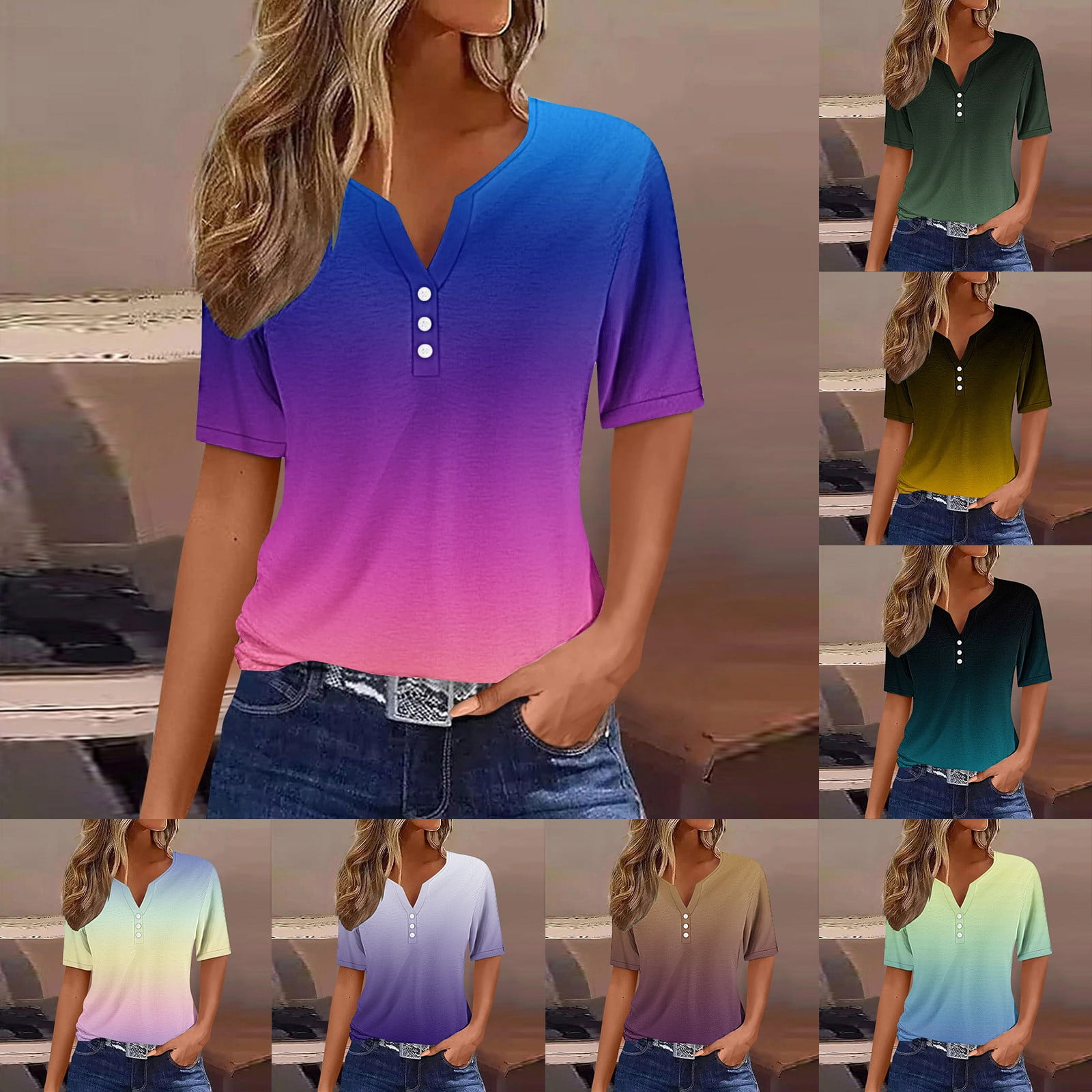 CFLVAEK Summer Short Sleeve Tshirts for Women Plus Size Henley V Neck Tunic Tops Fashion ...