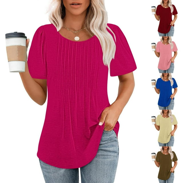 CFLVAEK Summer Tshirts for Women Dressy Casual Short Sleeve Tshirt Comfy Round Neck Pleated ...