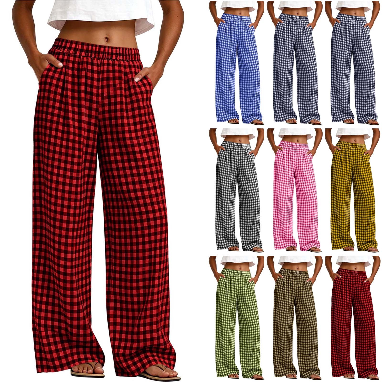 CFLVAEK Trendy Plaid Pants for Women Flowy Wide Leg Lounge Pant Casual ...