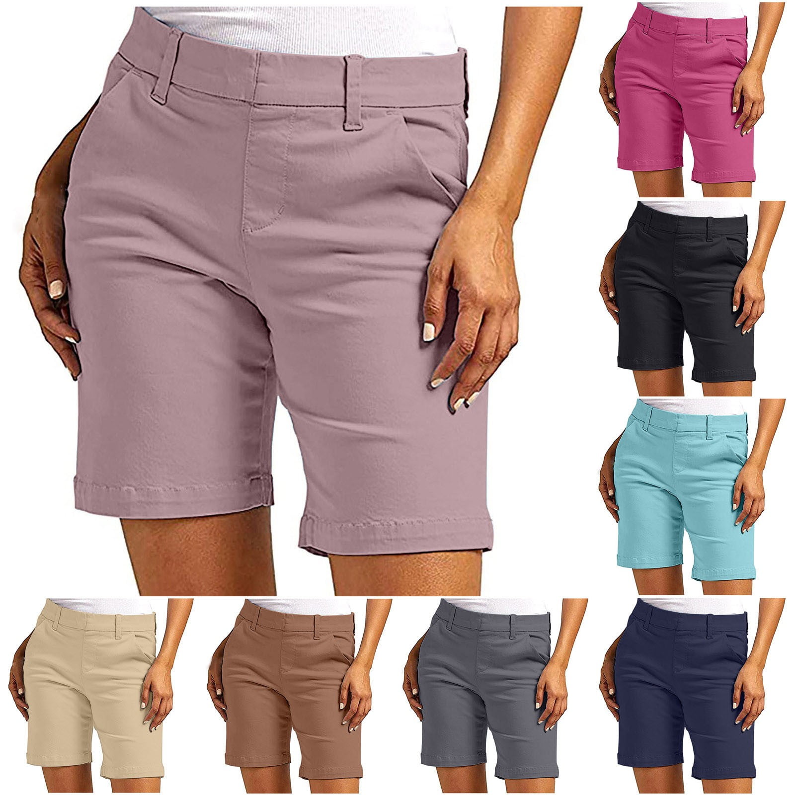 CFLVAEK Twill Shorts for Women with Pockets Dressy Casual Elastic Waist ...