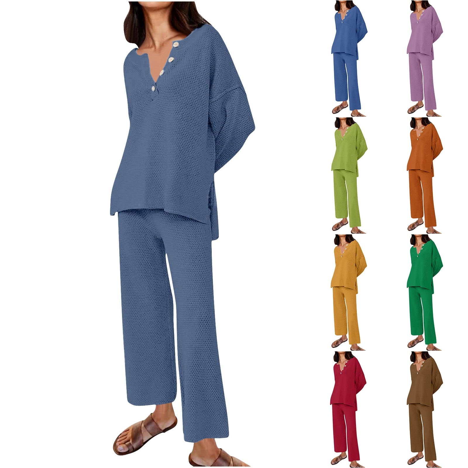 CFLVAEK Waffle Knit Lounge Sets for Women Two Piece Button V Neck Split Tops and Loose Fit Pants ...