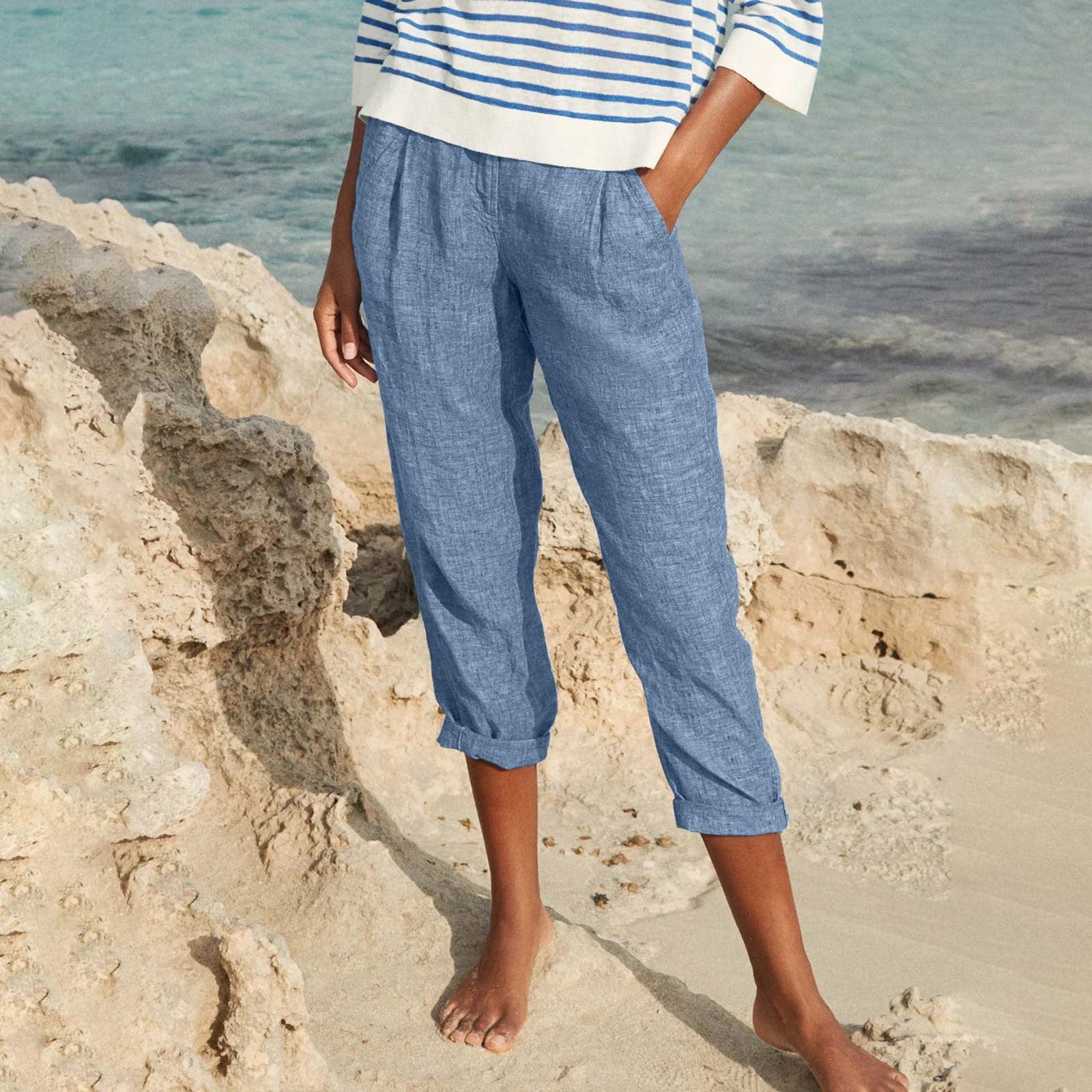 CFLVAEK Women Imitation Denim Capri Pants with Pocket Distressed Solid ...