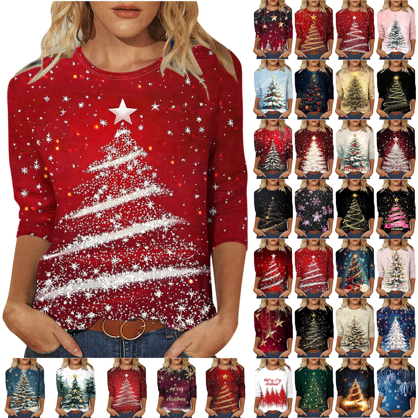 CFLVAEK Women's Christmas Tree Graphic Tees Casual 3/4 Sleeve Blouses ...