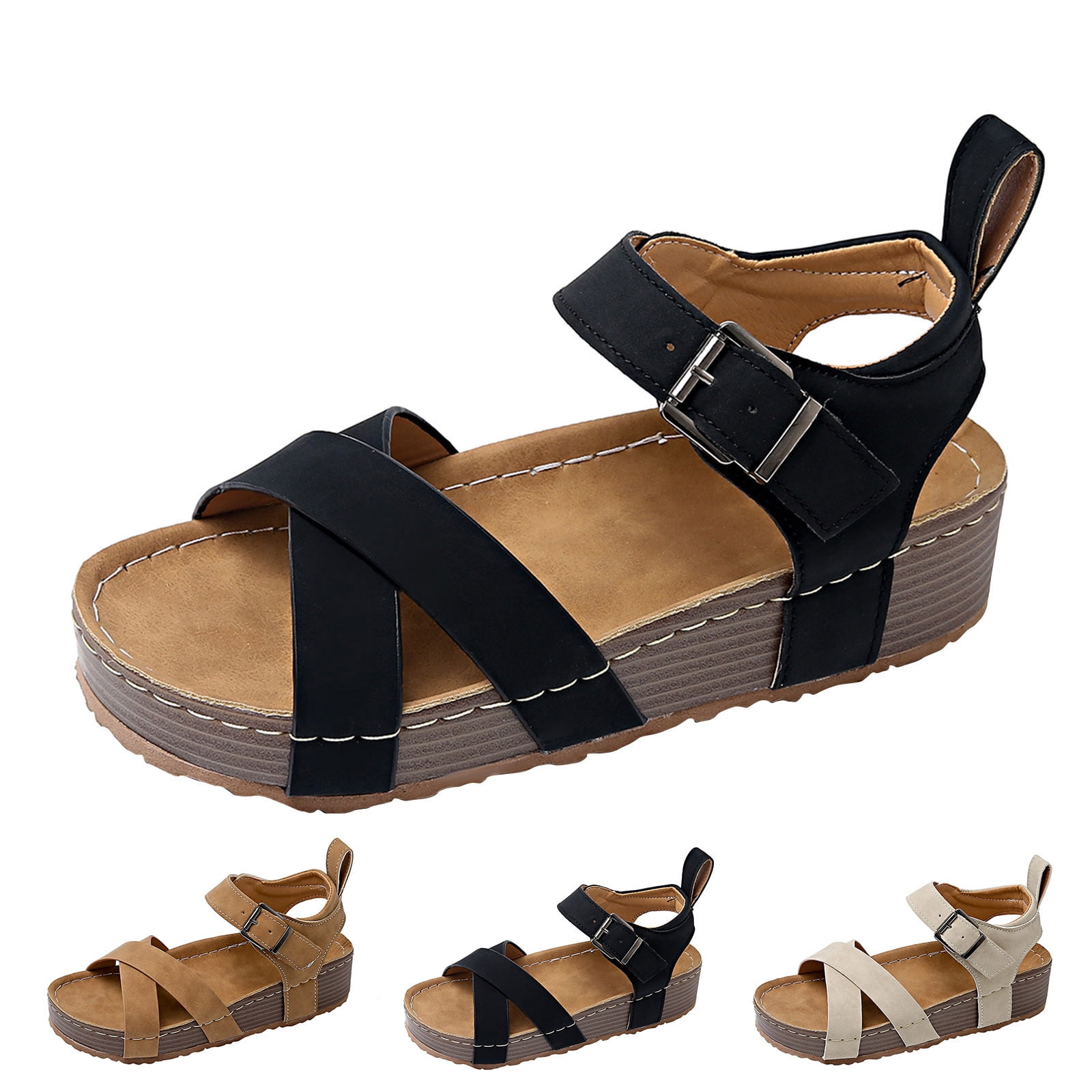 CFLVAEK Women's Comfortable Arch Support Wedge Sandals Criss Cross Open ...