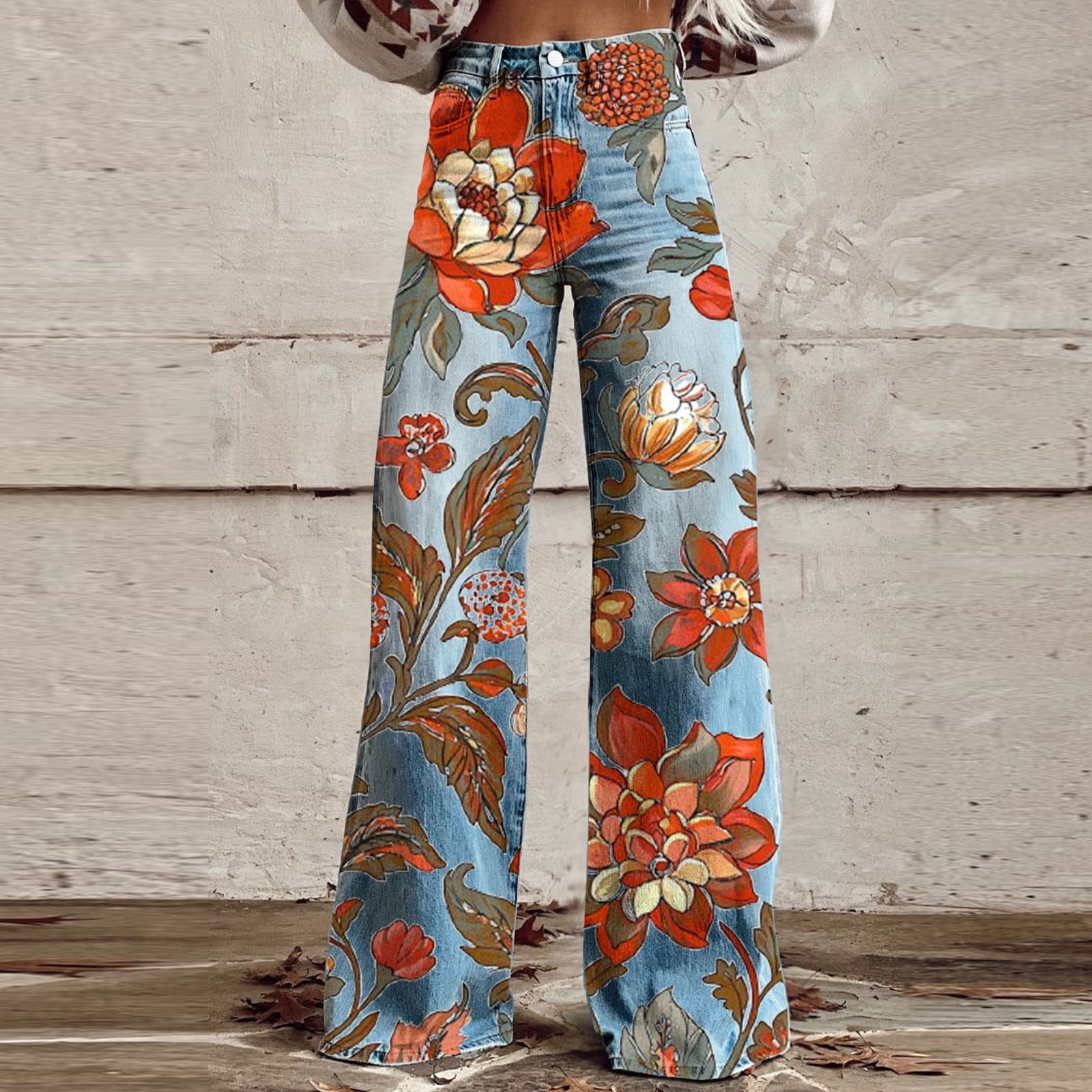 CFLVAEK Women's Plus Size Wide Leg Pants Trendy Floral Graphic Twill ...