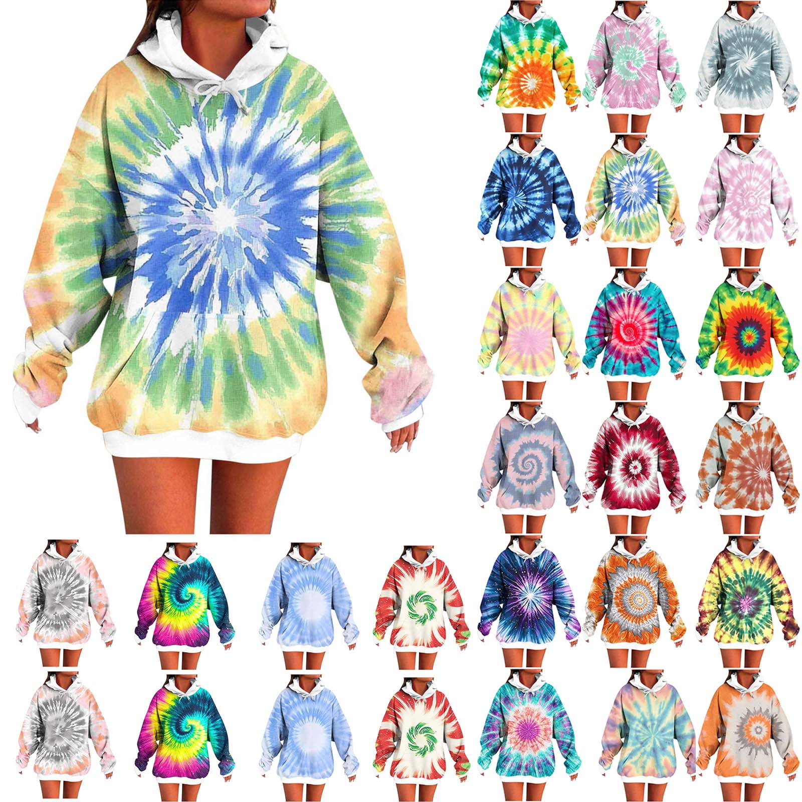 CFLVAEK Women's Tie Dye Hoodies Oversized Long Sleeve Hooded ...