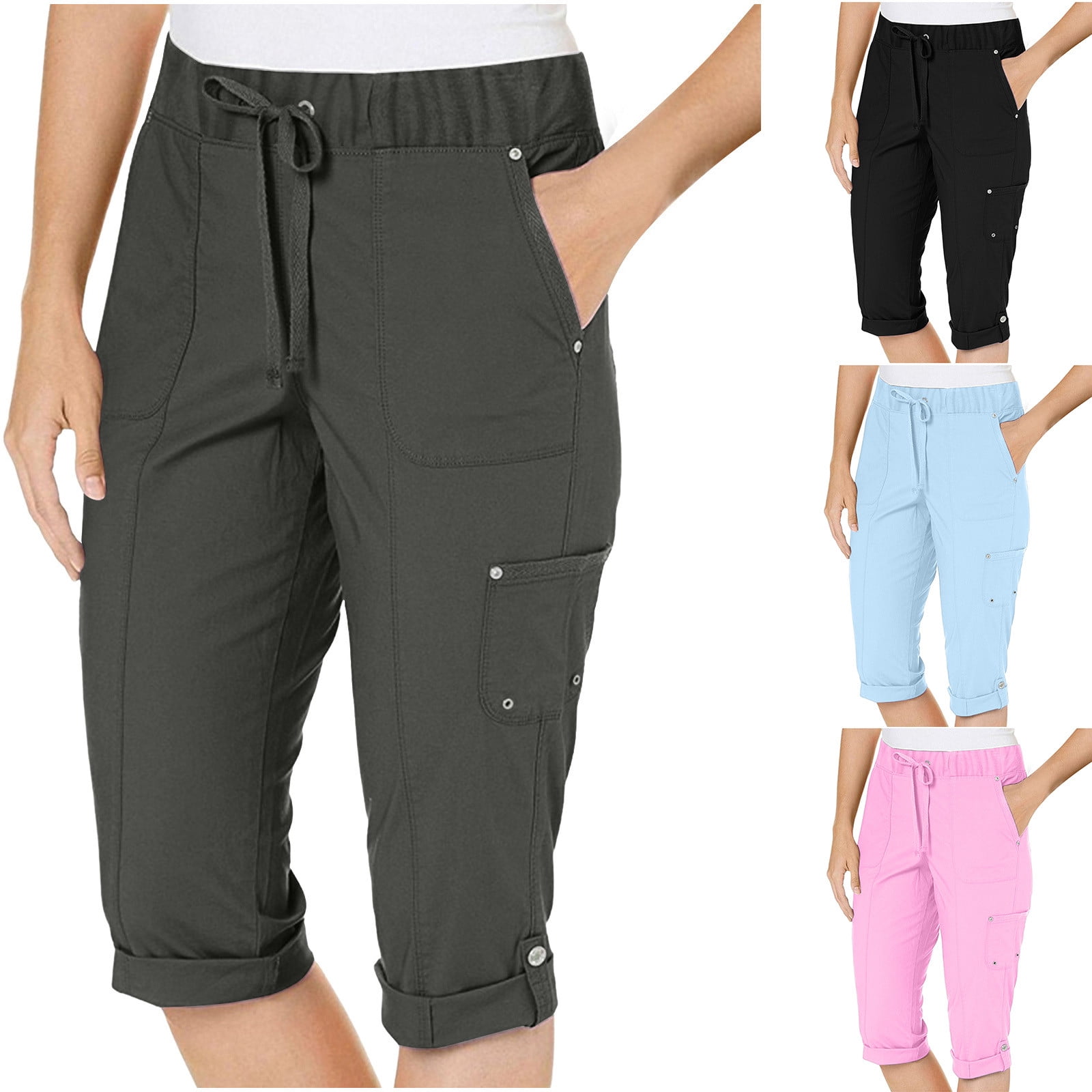 CFLVAEK Womens Capri Cargo Pants Lightweight Roll Up Cropped Pants ...