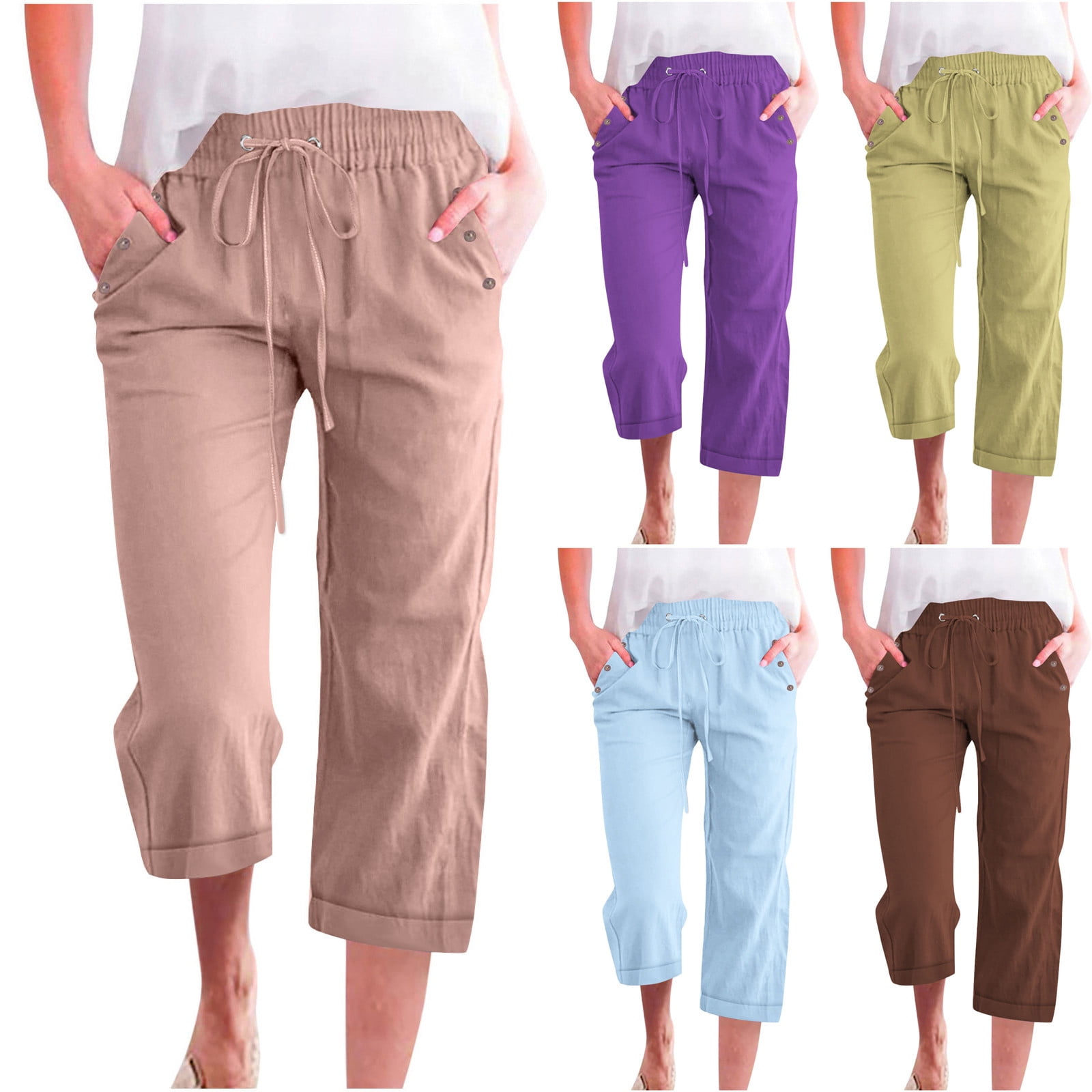 CFLVAEK Womens Capri Pants Cotton Linen Elastic Waisted Button Capris ...