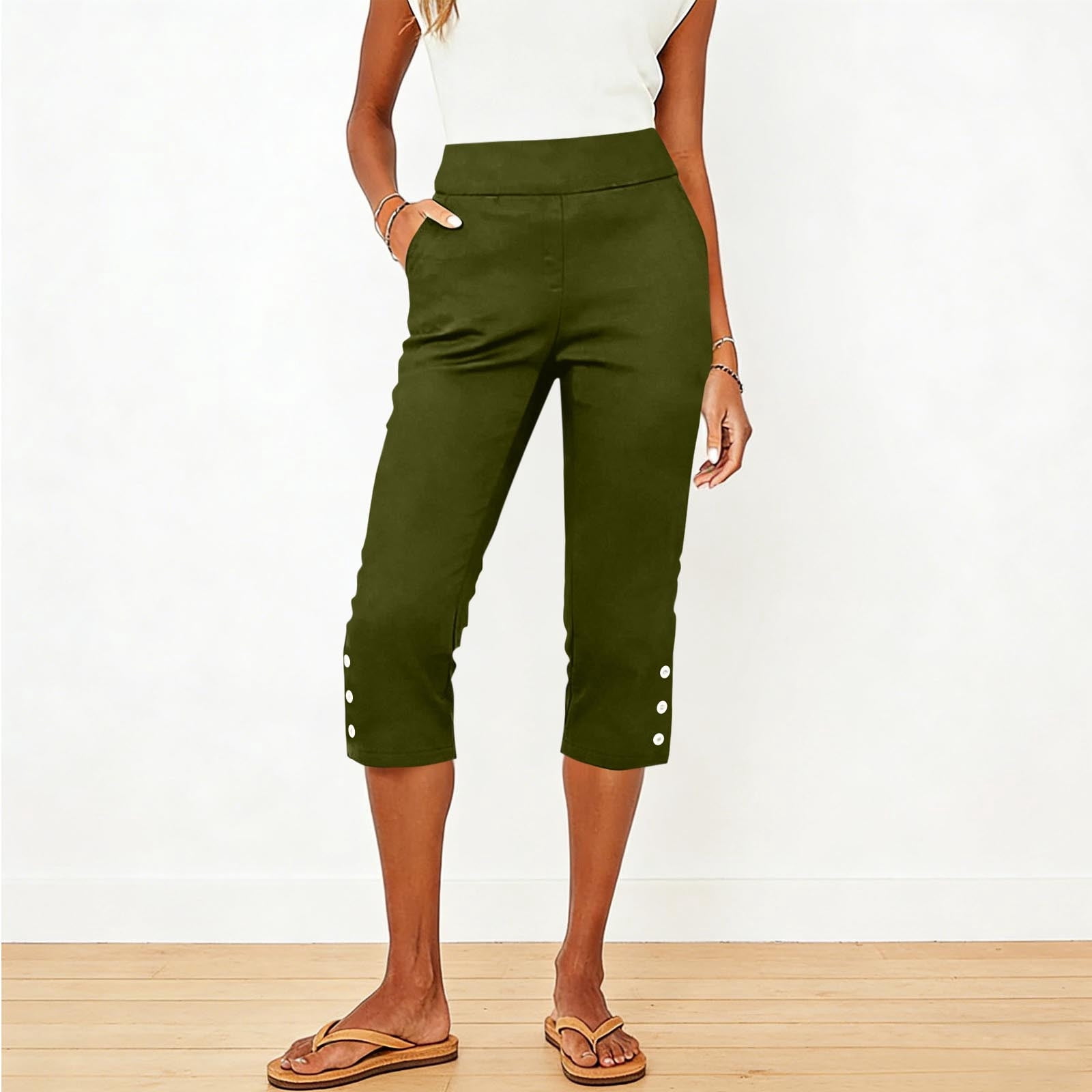 CFLVAEK Womens Capri Pants with Pockets Summer Casual Elastic Waisted ...