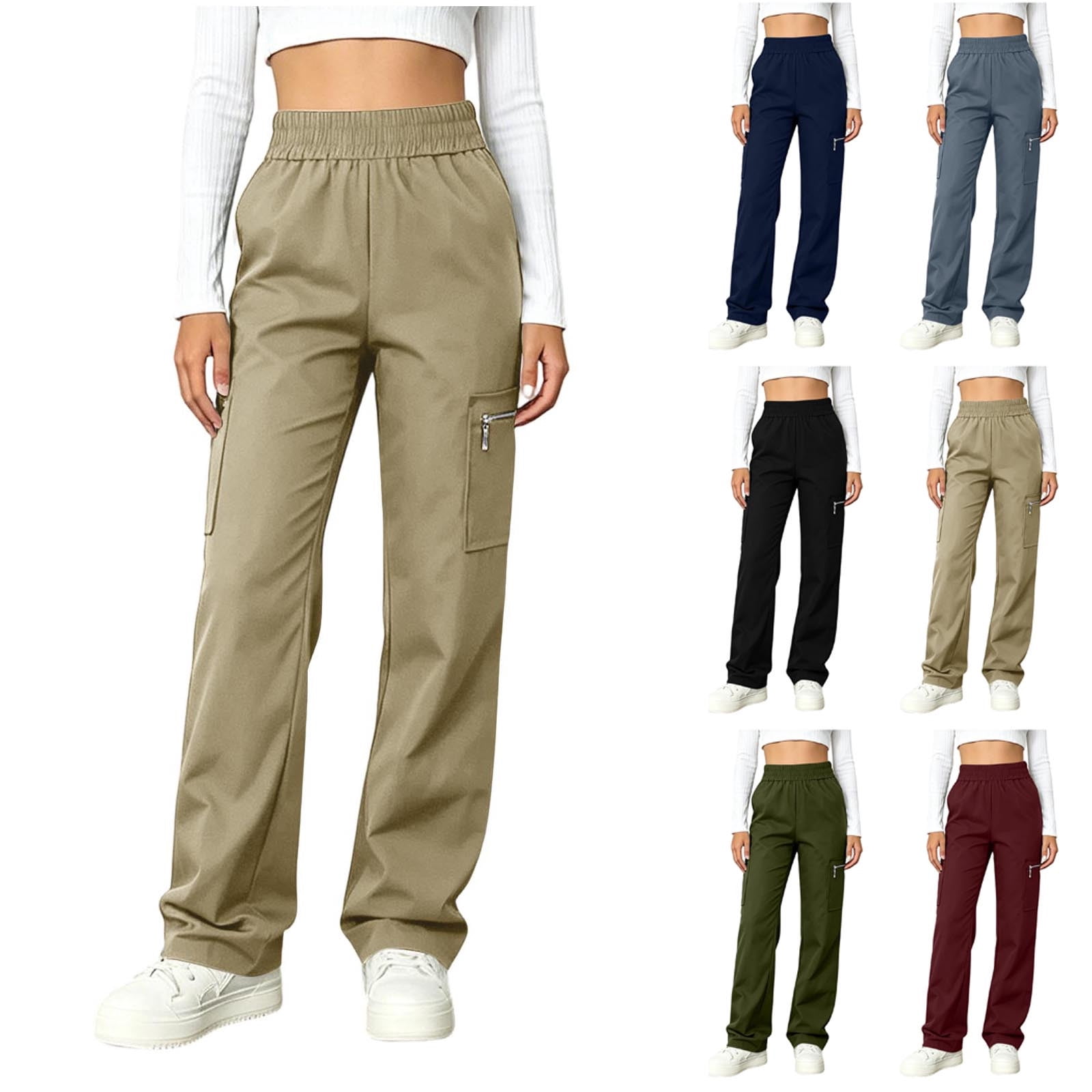 CFLVAEK Womens Cargo Pants with Zipper Pockets Casual Wide Leg Outdoor ...