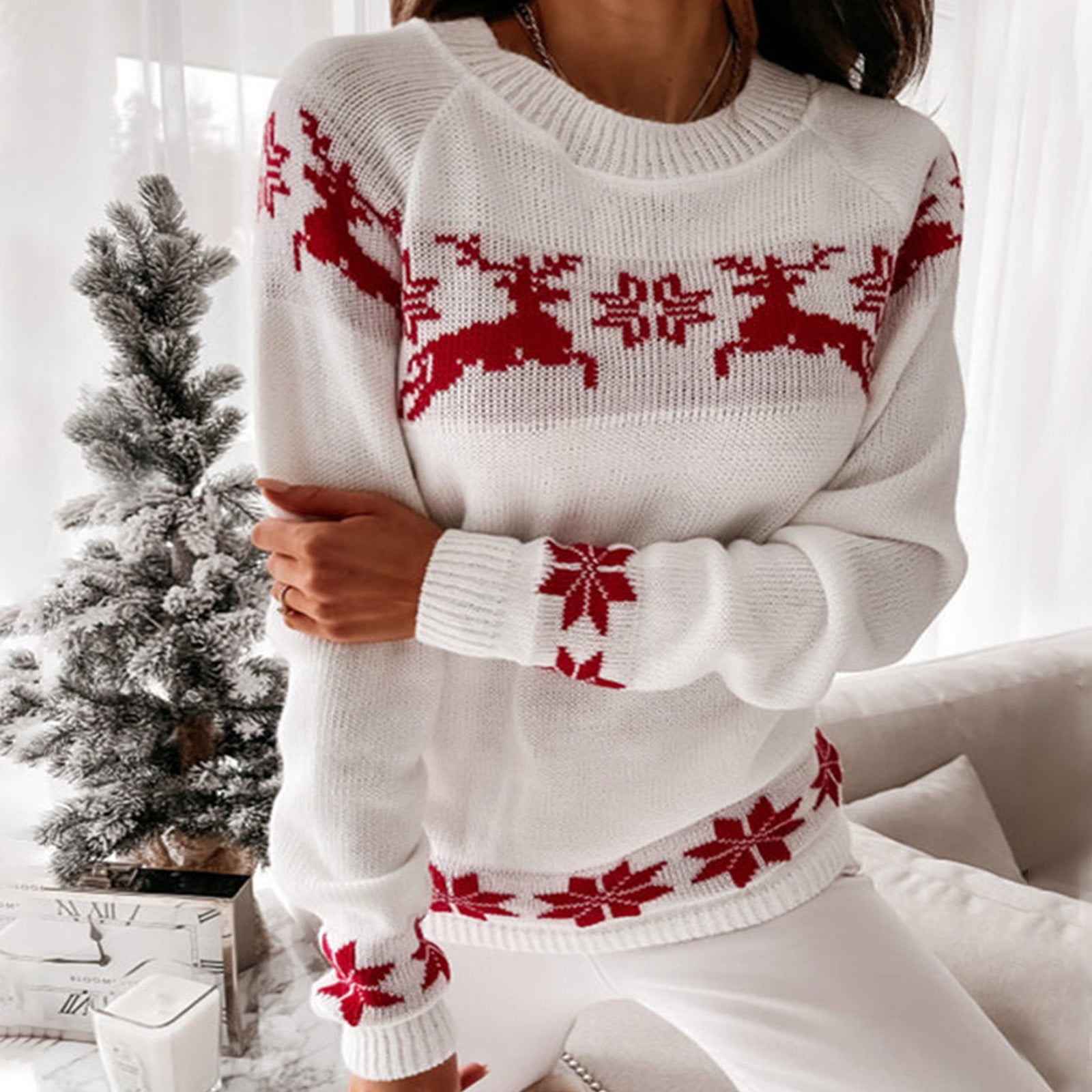 CFLVAEK Womens Christmas Sweaters Red Round Neck Pullover Novelty ...