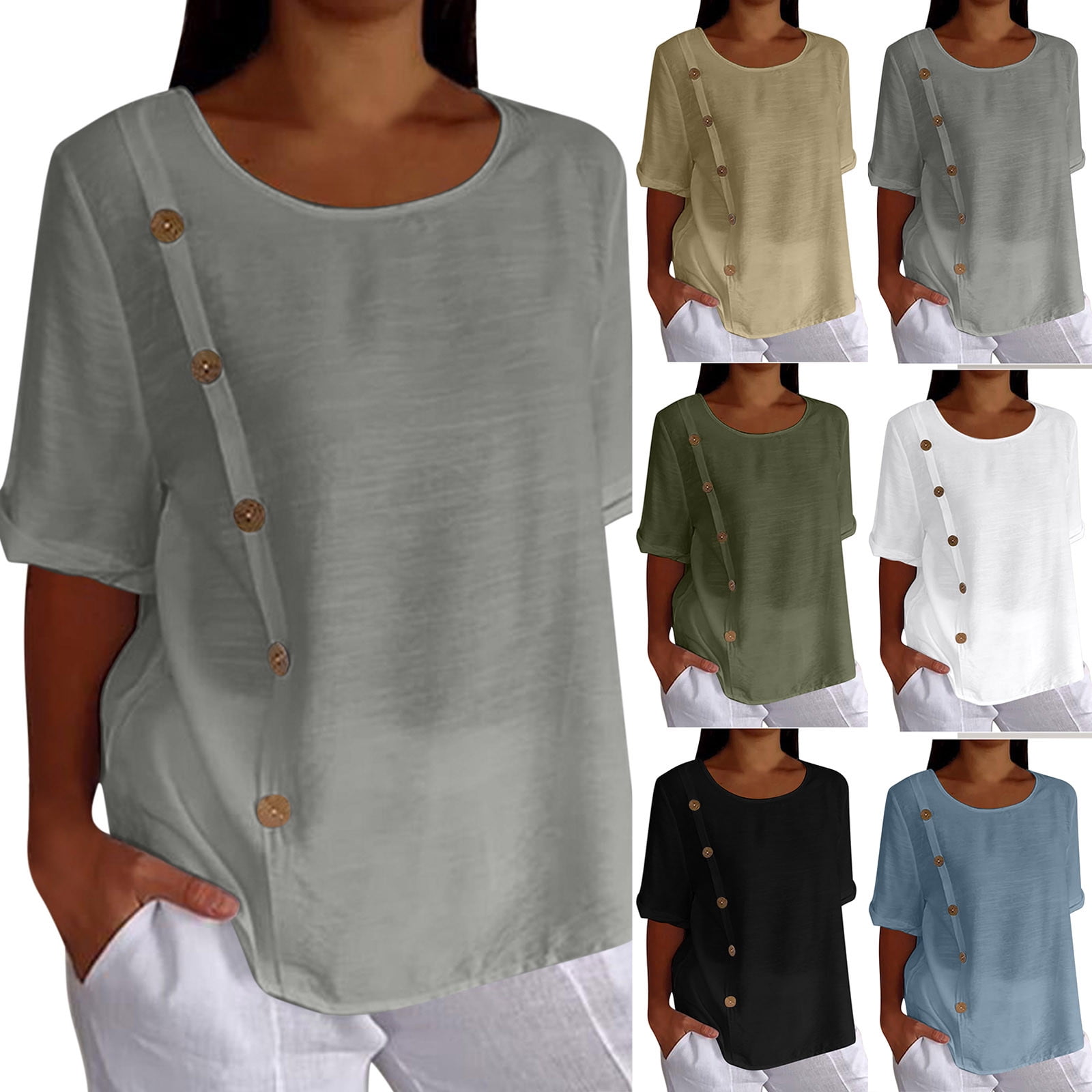 CFLVAEK Womens Cotton Linen Tshirts 2025 Casual Short Sleeve Summer ...