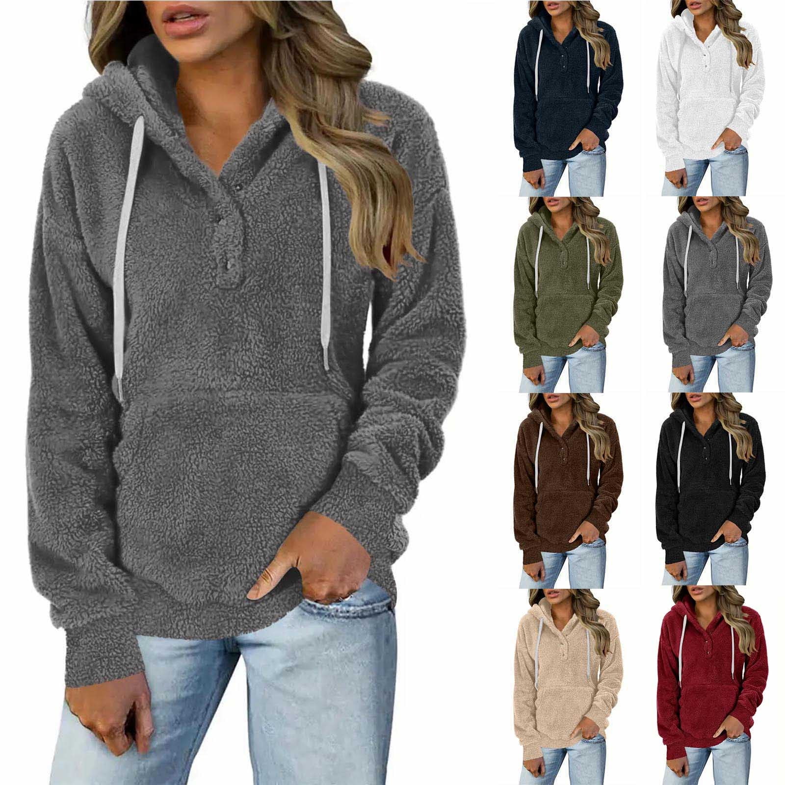 CFLVAEK Womens Fuzzy Fleece Hoodie Thermal Winter Long Sleeve Hooded Pullover with Pocket Cozy ...