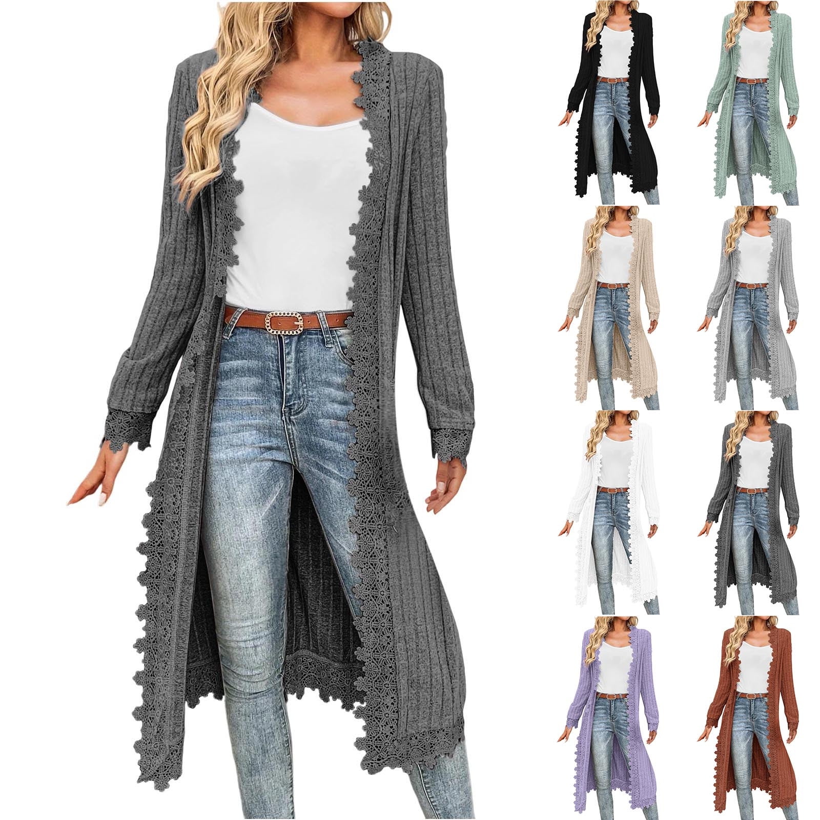 CFLVAEK Womens Long Sweaters Cardigans Elegant Lace Trim Open Front ...