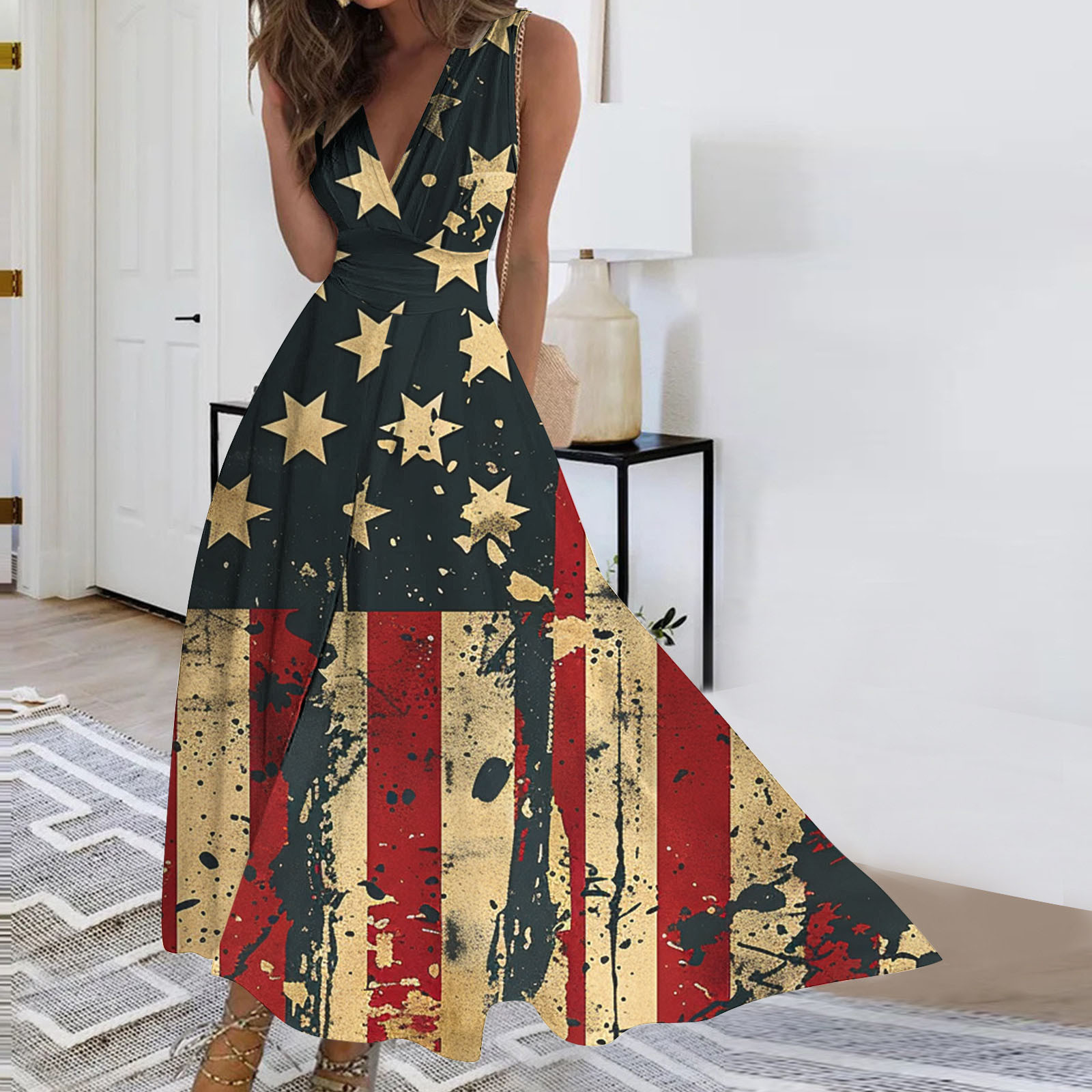 CFLVAEK Womens Plus Size American Flag Dress Elegant 4th of July Wrap V Neck Dress Loose Fit ...