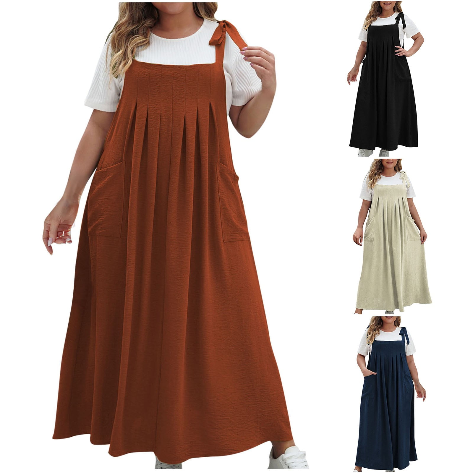 CFLVAEK Womens Plus Size Dresses Casual Summer Wide Strap Tank Dress with Pockets Solid Color ...
