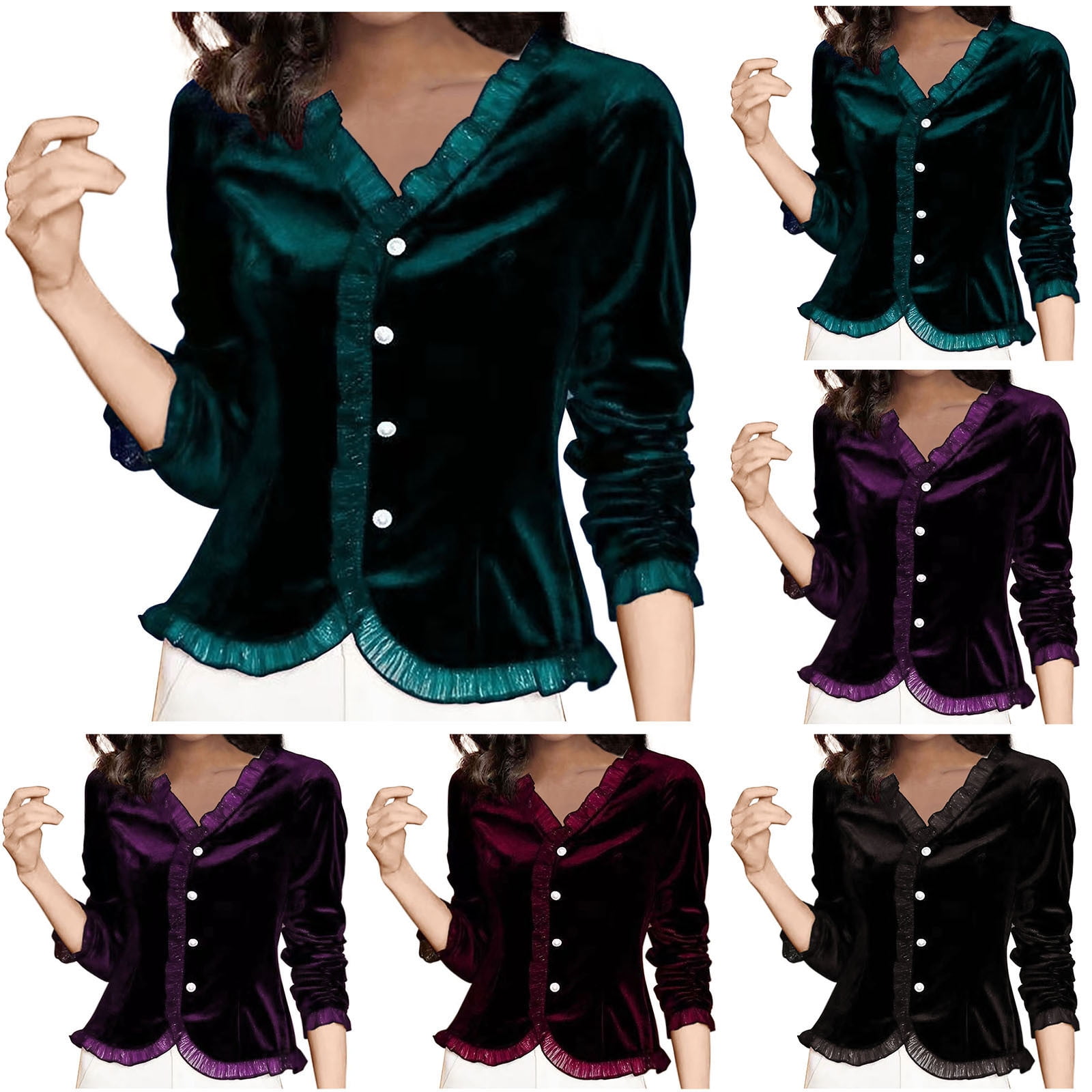 CFLVAEK Womens Ruffled Trim Shirts Plus Size Vintage Button Down Velvet ...