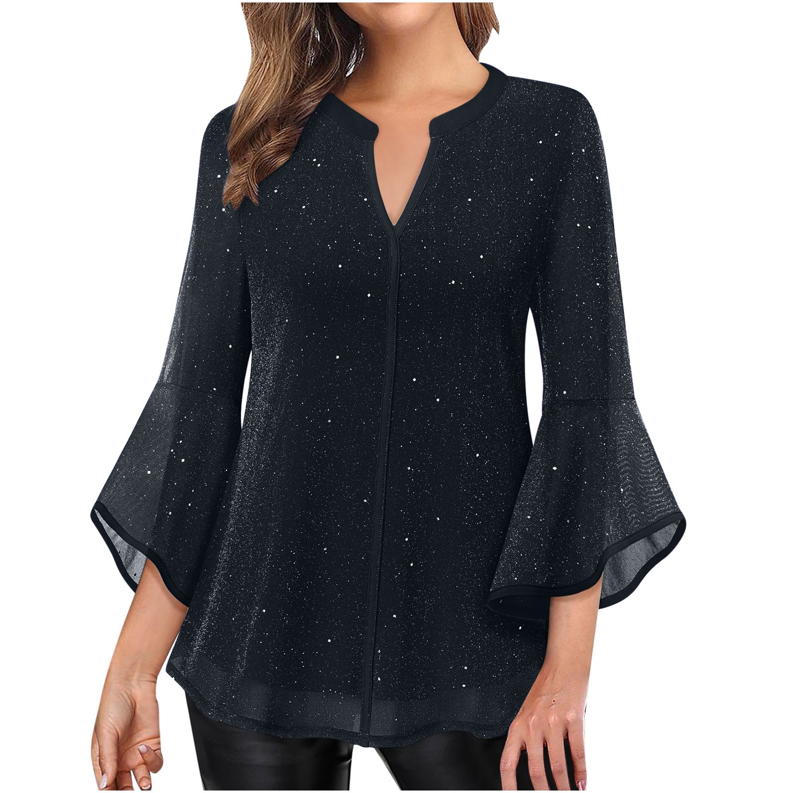 CFLVAEK Womens Sparkly Shirts Elegant Double Layerd Ruffled Hem Blouse ...