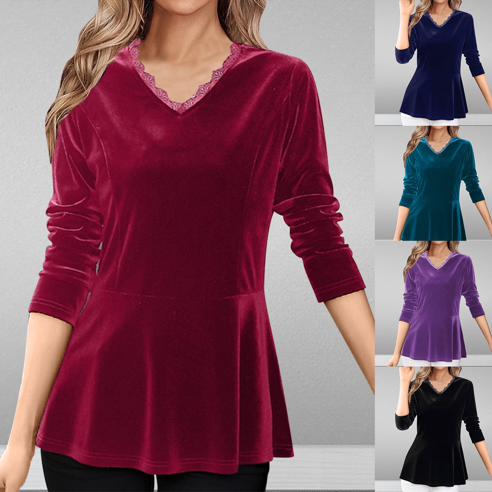 CFLVAEK Womens Velvet Tops Plus Size Lace Trim V Neck Blouse Casual ...