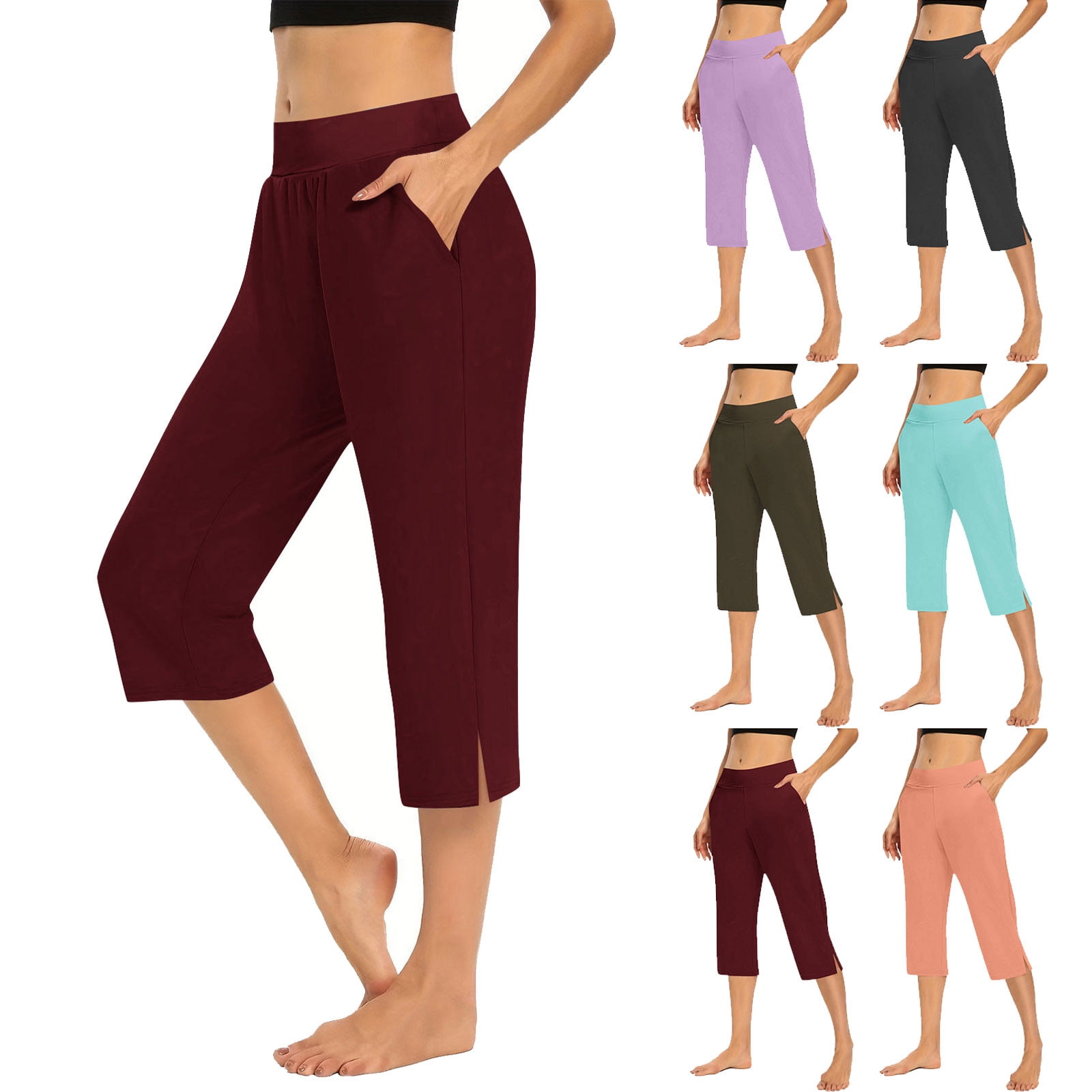 CFLVAEK Workout Capri Pants for Women with Pocket Plus Size High Waisted Tummy Control Cropped ...