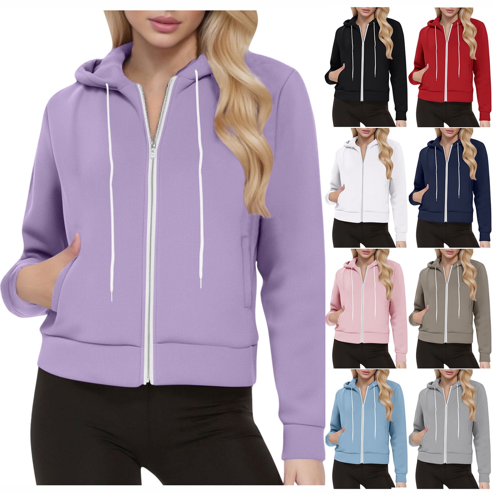 CFLVAEK Zip Up Hoodies for Women Loose Long Sleeve Cropped Hoodie with ...