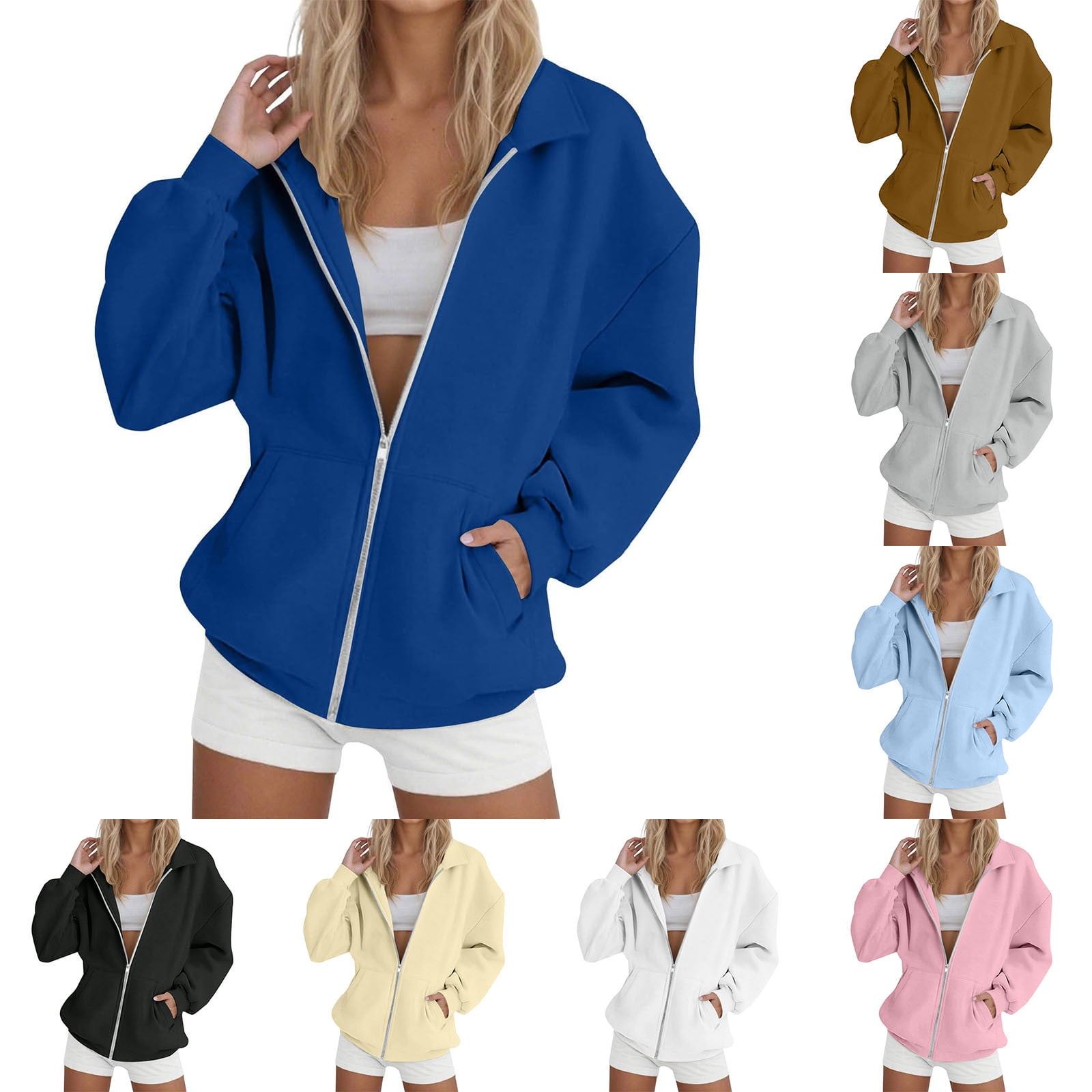 CFLVAEK Zip Up Sweatshirts for Women No Hood Oversized Long Sleeve ...