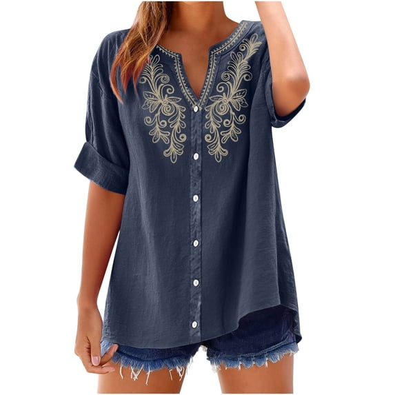 CFMIURAN Cotton Linen Shirts for Women Short Sleeve V Neck Linen Button ...