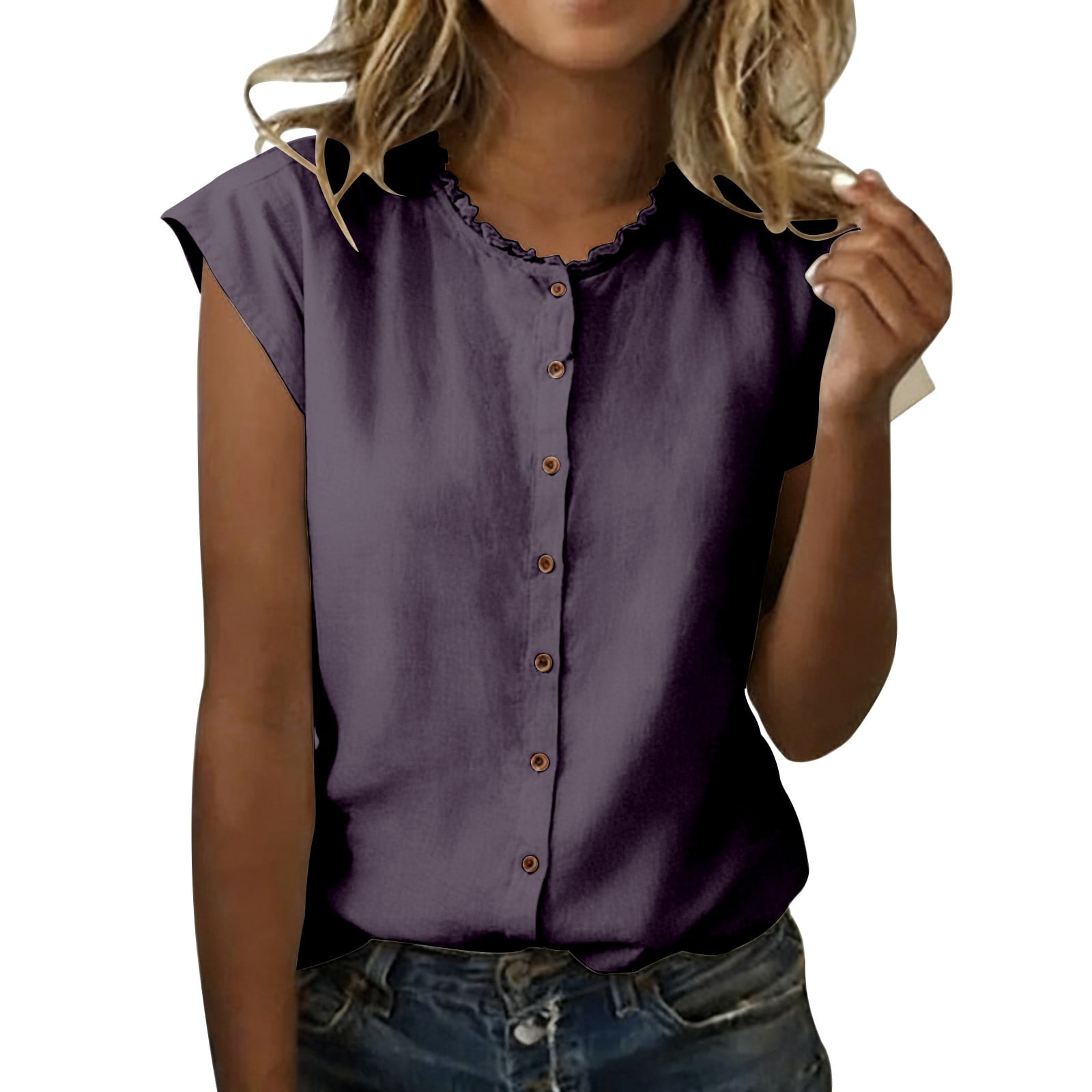 CFMIURAN Linen Women's Sleeveless T-Shirts Crew Neck Tops Dressy Casual ...