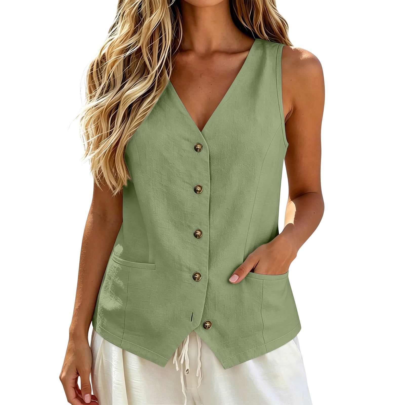 CFMIURAN Linen Womens Tank Tops V Neck Sleeveless Summer Tops Solid ...