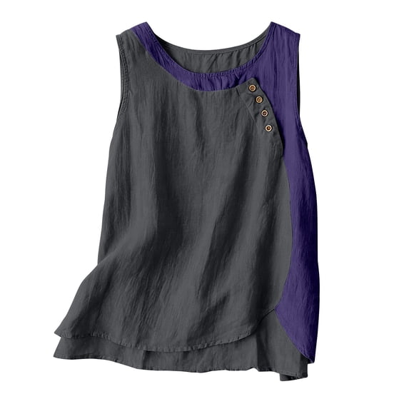 CFMIURAN Women's Color Block Round Neck Linen Blend Sleeveless Tank ...