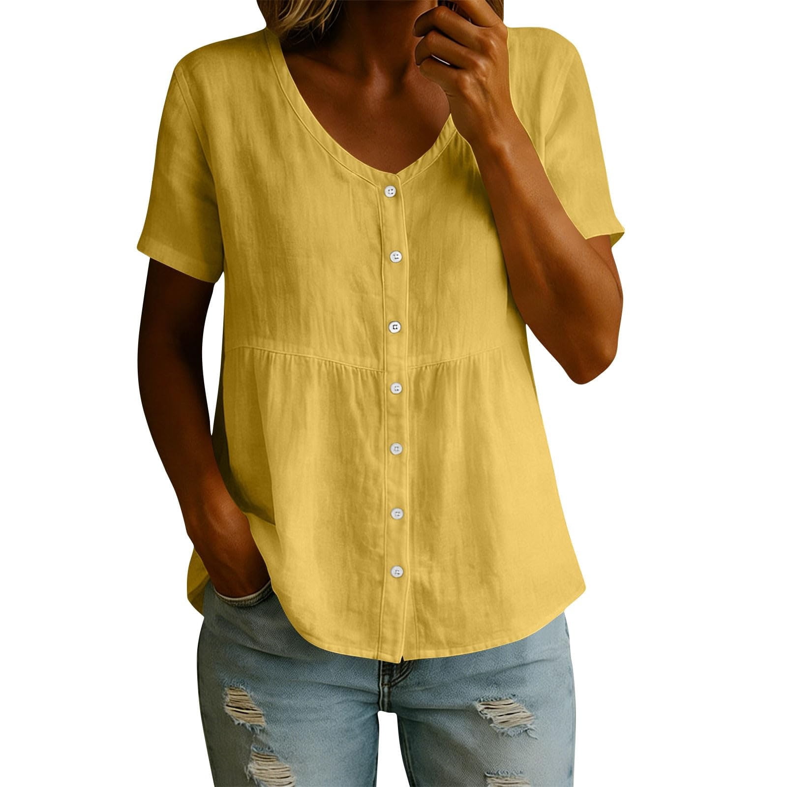 CFMIURAN Women's Cotton Linen Shirt Tops V Neck Short Sleeve Button ...