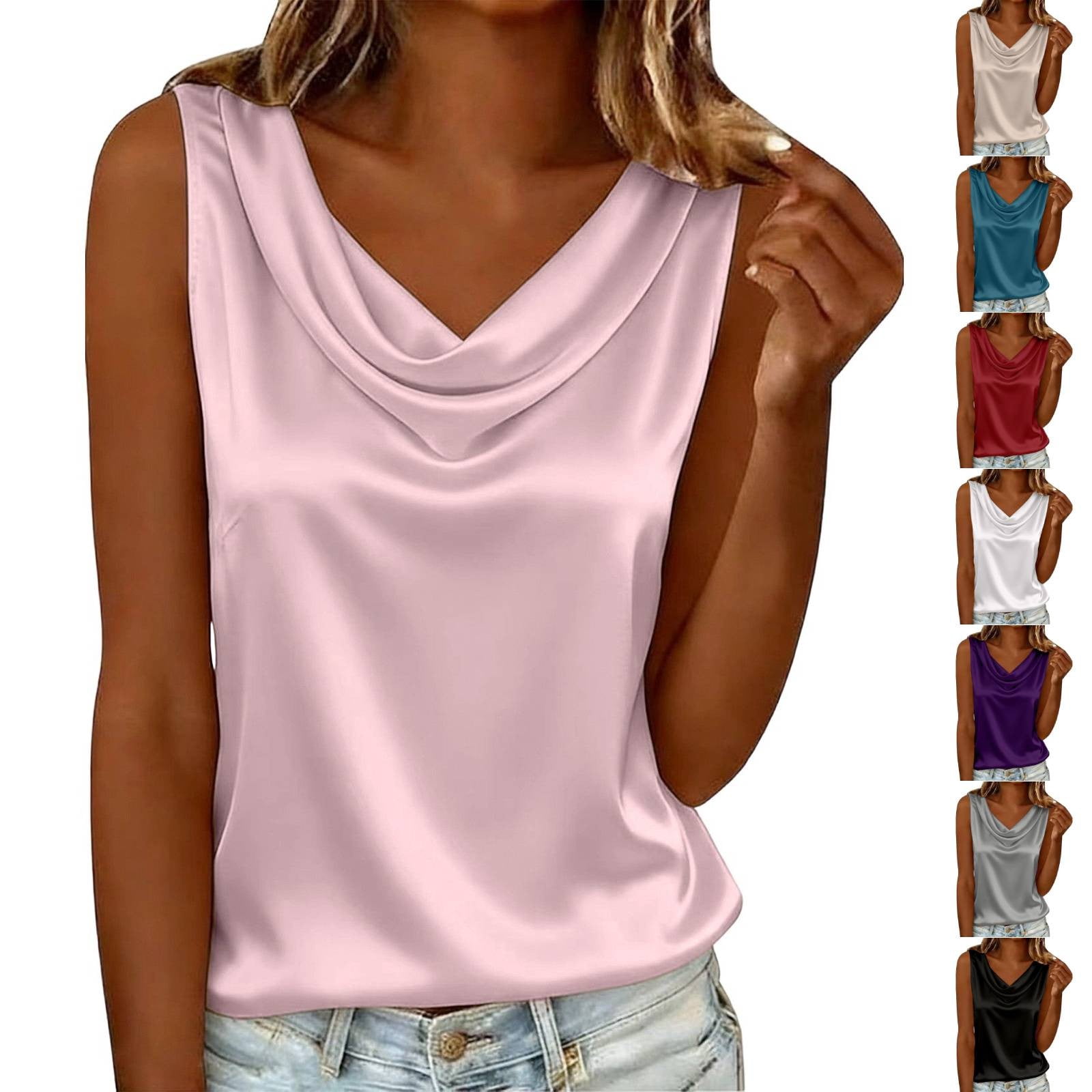 CFMIURAN Women's Satin Sleeveless Tank Tops Cowl Neck Draped Collar ...