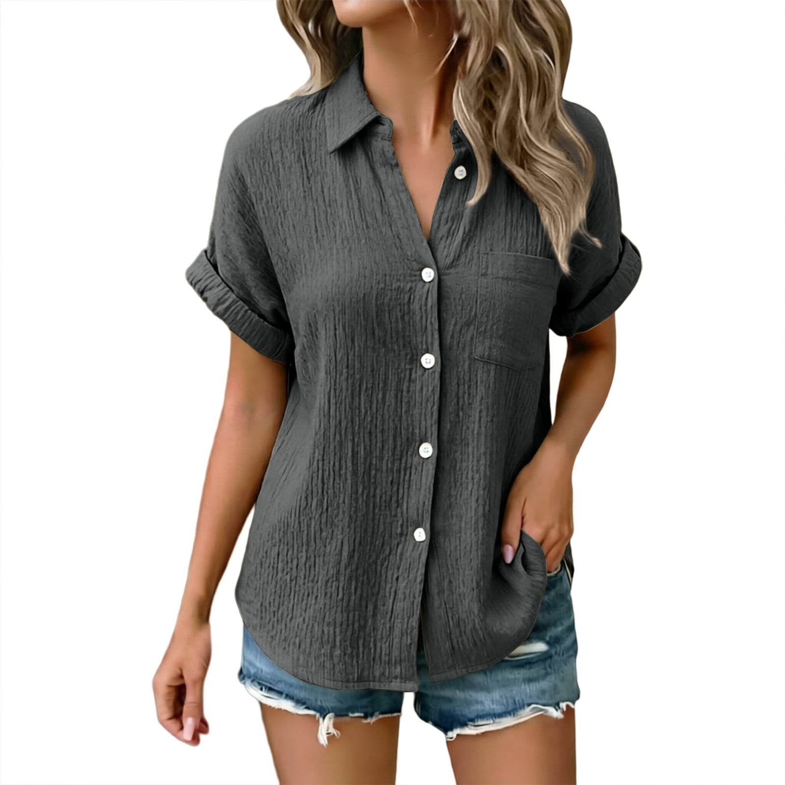 CFMIURAN Womens Cotton Linen Blouses Short Sleeve Button Down Shirts ...