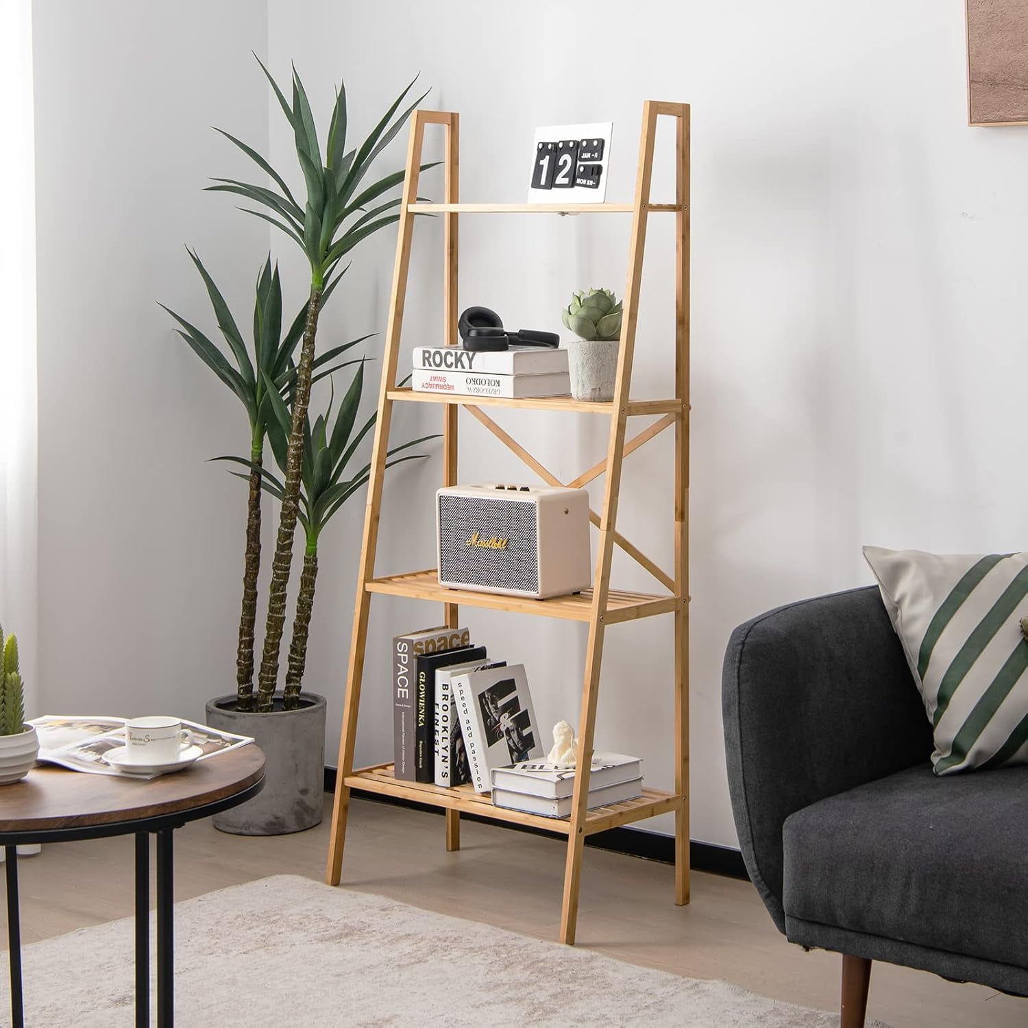 CGDYCF 4-Tier Bamboo Ladder Bookshelf, Rustic Bookcase, Floor Standing ...