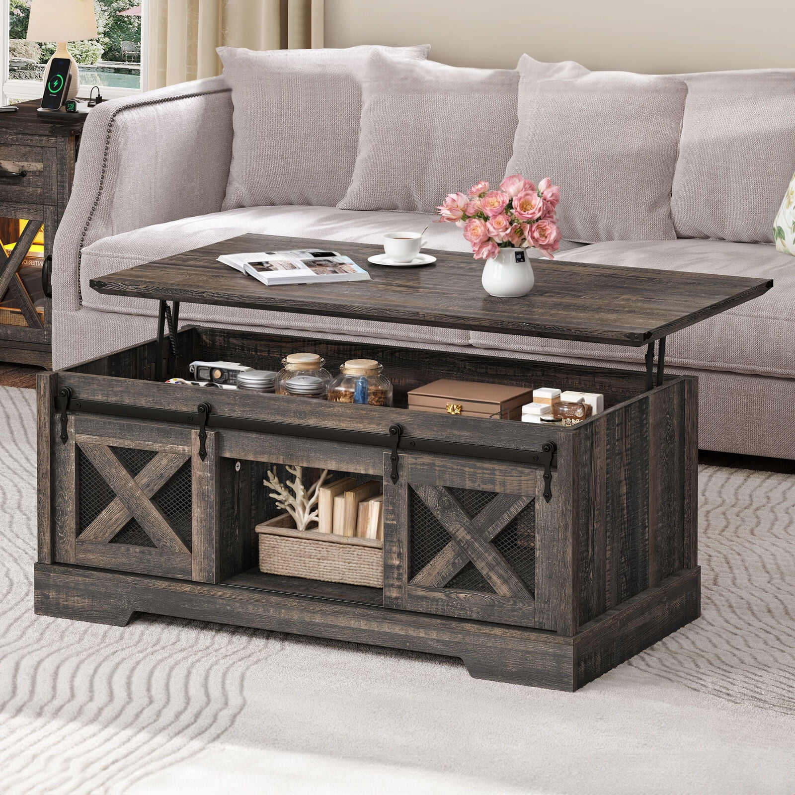CGDYCF 47" Farmhouse Lift Top Coffee Table with Storage, Sliding Barn ...